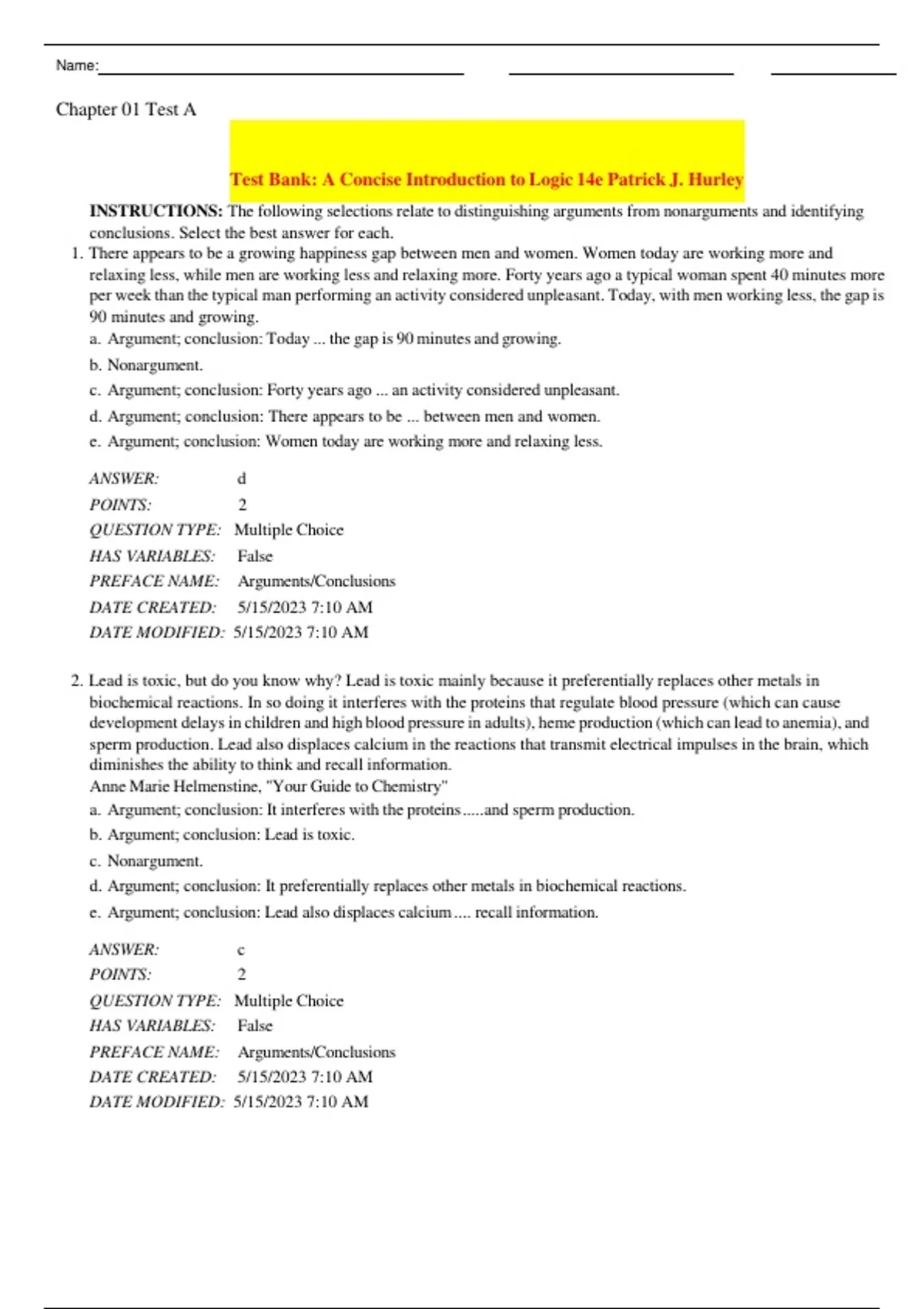 Test Bank: A Concise Introduction to Logic 14th Edition by Patrick J ...
