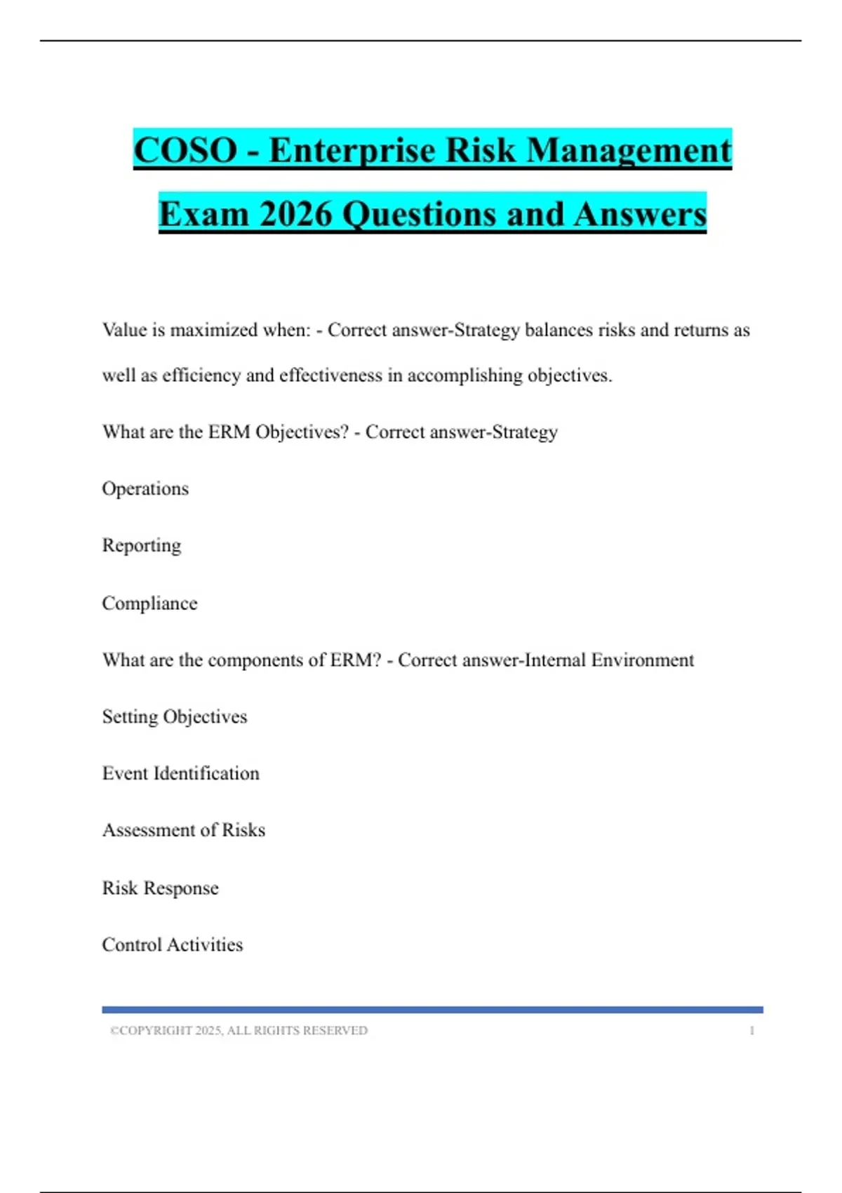 COSO - Enterprise Risk Management Exam 2026 Questions and Answers ...