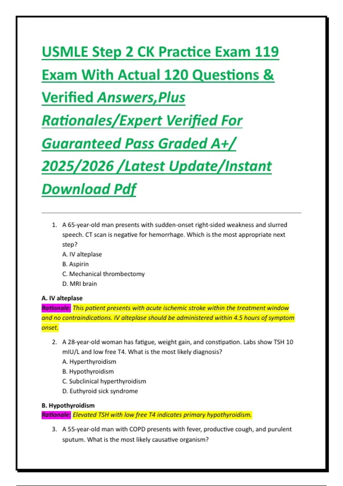 USMLE Step 2 CK Practice Exam 119 Exam With Actual 120 Questions ...