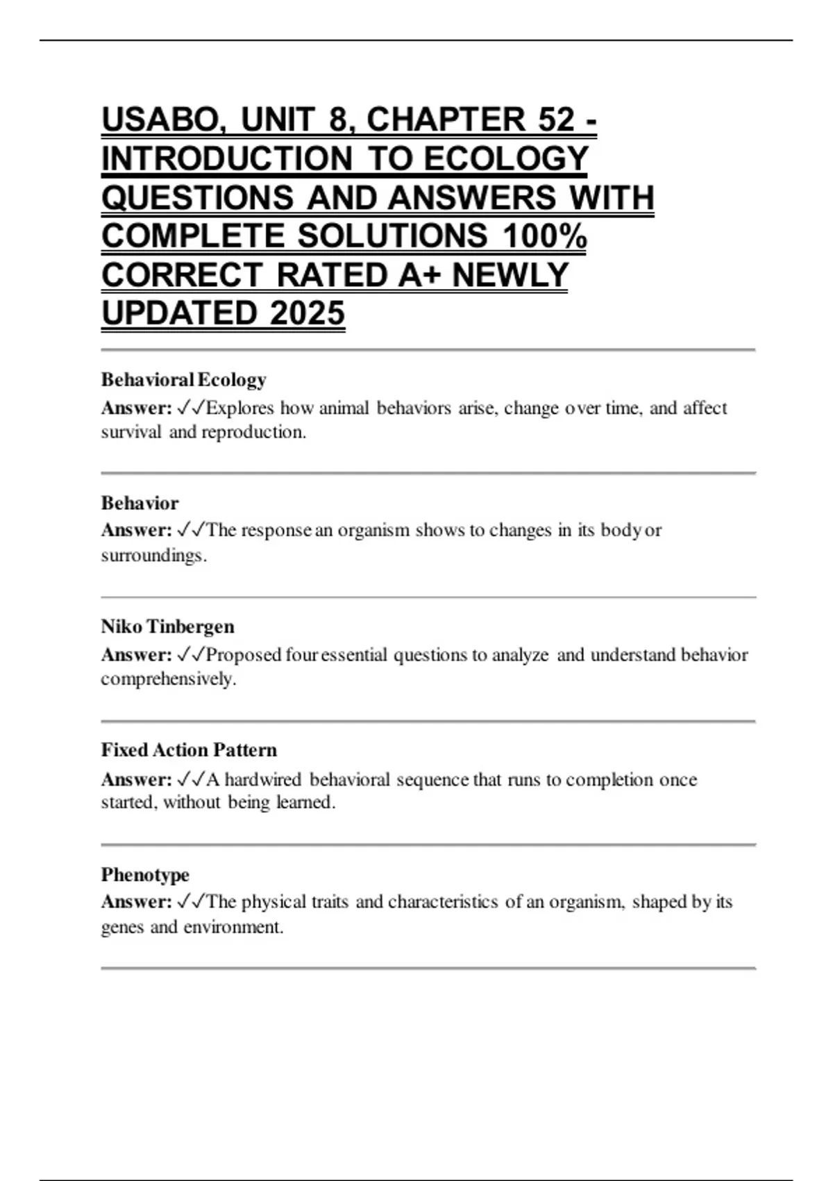 USABO, UNIT 8, CHAPTER 52 - INTRODUCTION TO ECOLOGY QUESTIONS AND ...