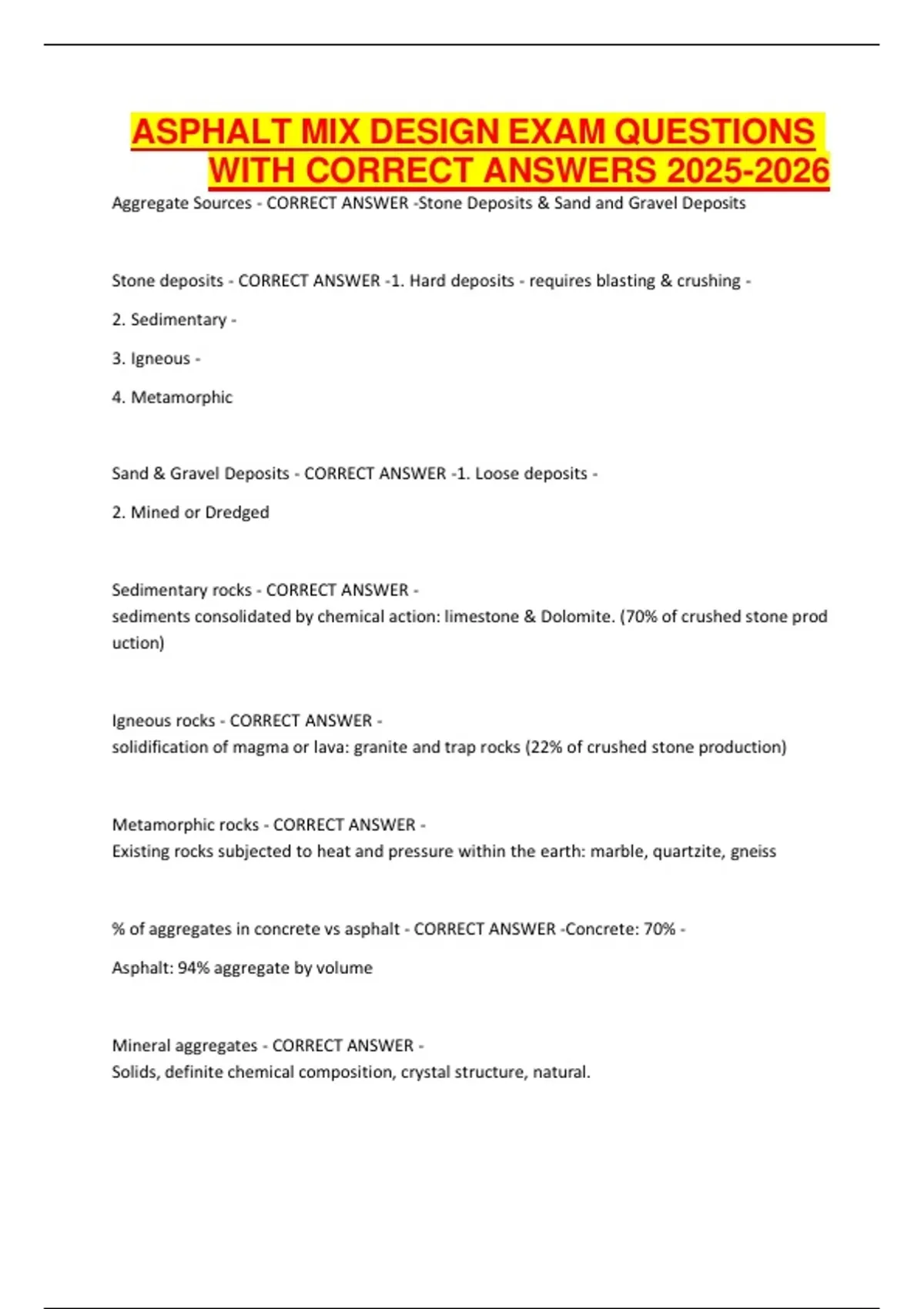 ASPHALT MIX DESIGN EXAM QUESTIONS WITH CORRECT ANSWERS - ASPHALT MIX ...