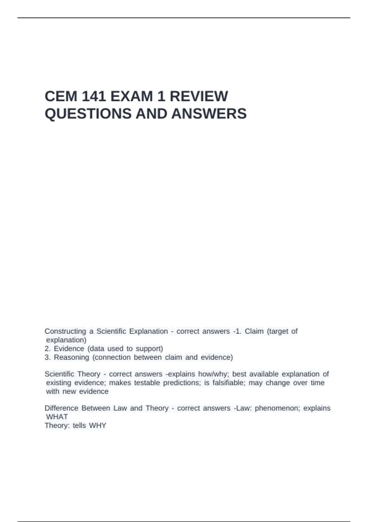 CEM 141 EXAM 1 REVIEW QUESTIONS AND ANSWERS - CEM 141 - Stuvia US