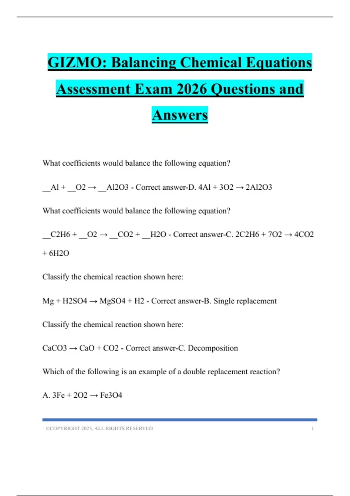 GIZMO: Balancing Chemical Equations Assessment Exam 2026 Questions and ...