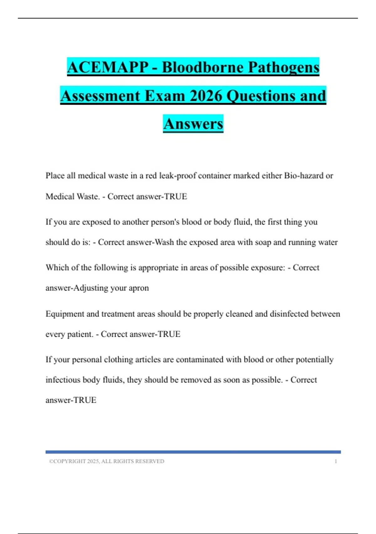 ACEMAPP - Bloodborne Pathogens Assessment Exam 2026 Questions and ...