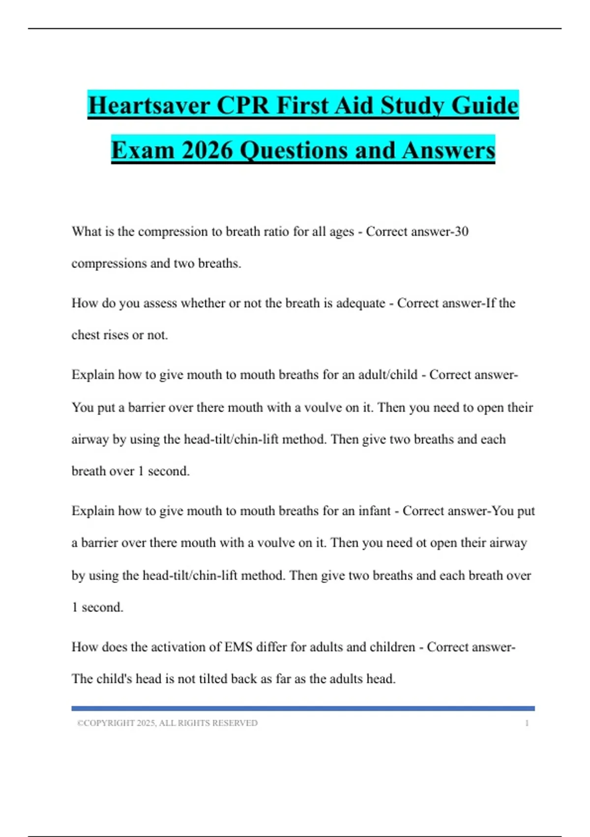 Heartsaver CPR First Aid Study Guide Exam 2026 Questions and Answers ...