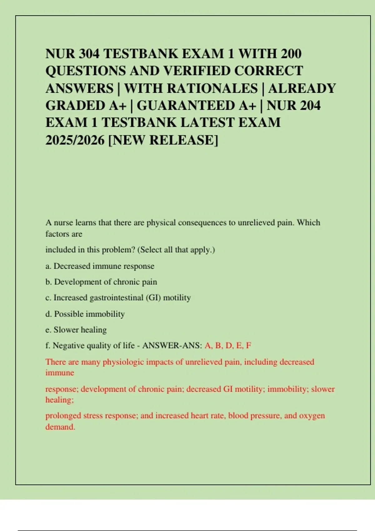 NUR 304 TESTBANK EXAM 1 WITH 200 QUESTIONS AND VERIFIED CORRECT ANSWERS ...