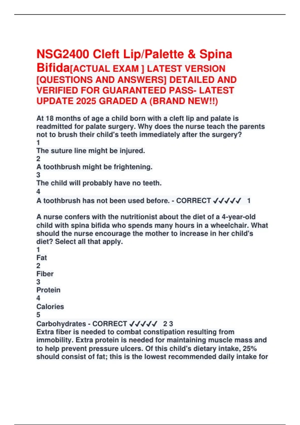 NSG2400 Cleft Lip/Palette & Spina Bifida[ACTUAL EXAM ] LATEST VERSION ...
