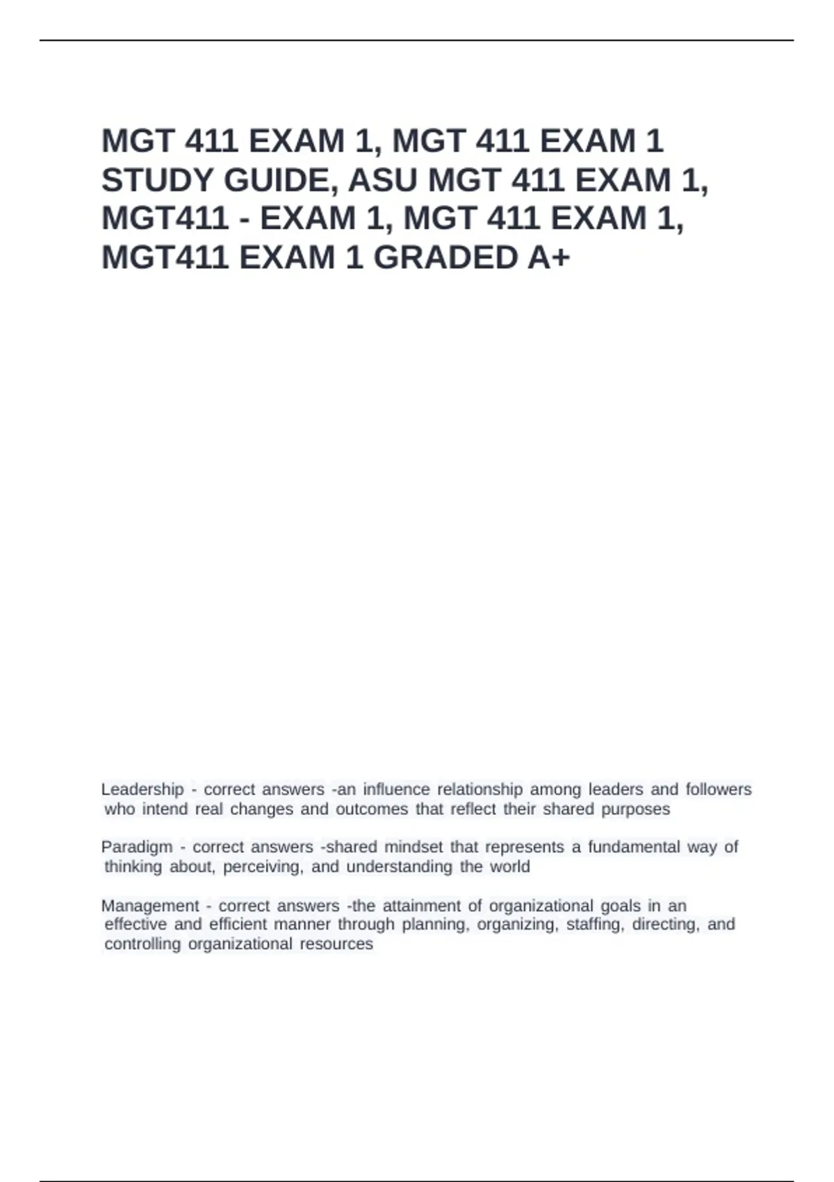 MGT 411 Exam 1, MGT 411 EXAM 1 STUDY GUIDE, ASU MGT 411 Exam 1, MGT411 ...