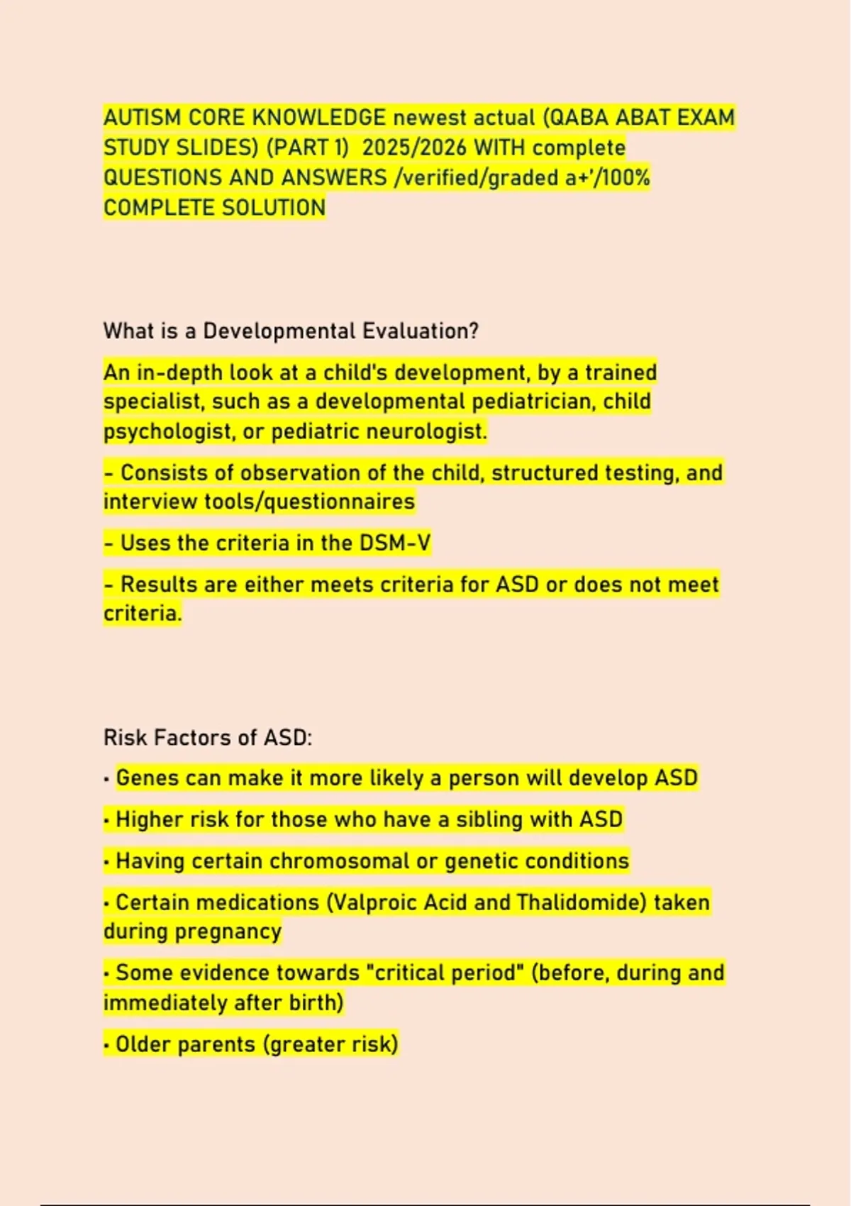 AUTISM CORE KNOWLEDGE newest actual (QABA ABAT EXAM STUDY SLIDES) (PART ...