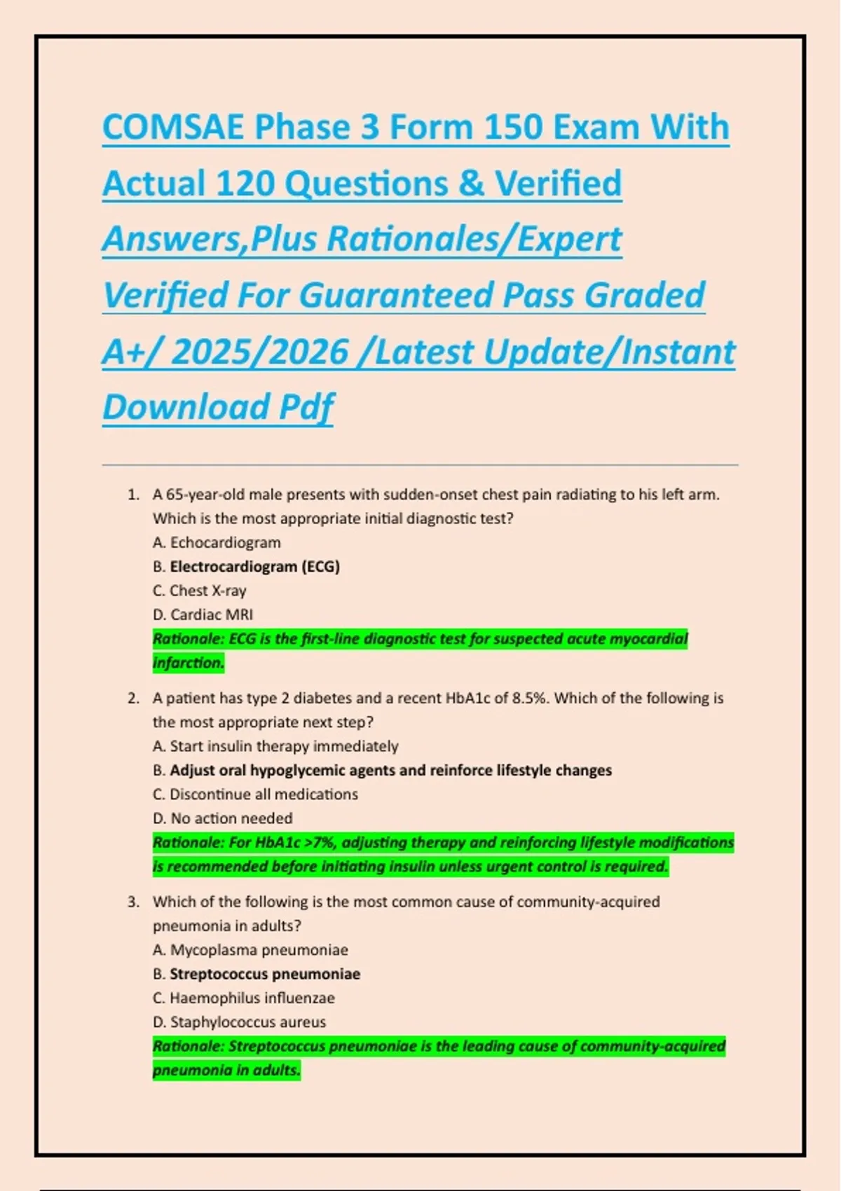 COMSAE Phase 3 Form 150 Exam With Actual 120 Questions & Verified ...