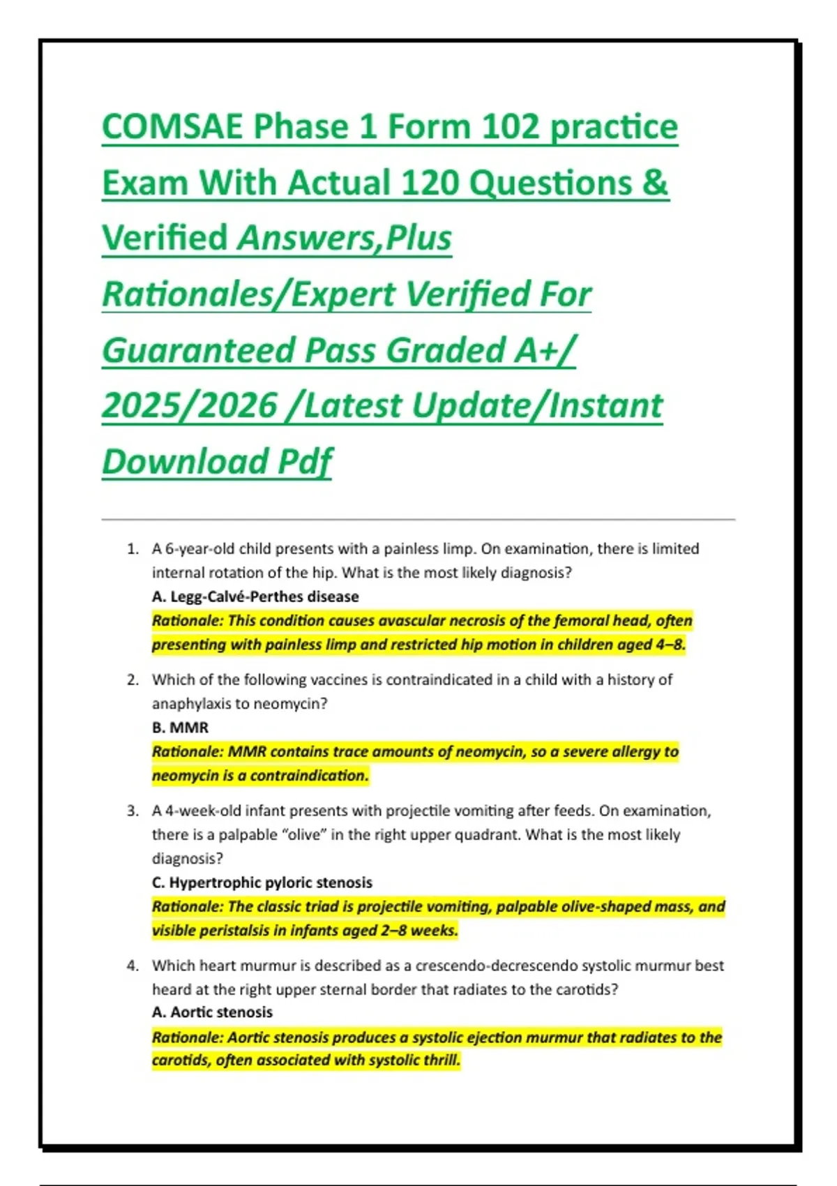 COMSAE Phase 1 Form 102 practice Exam With Actual 120 Questions ...