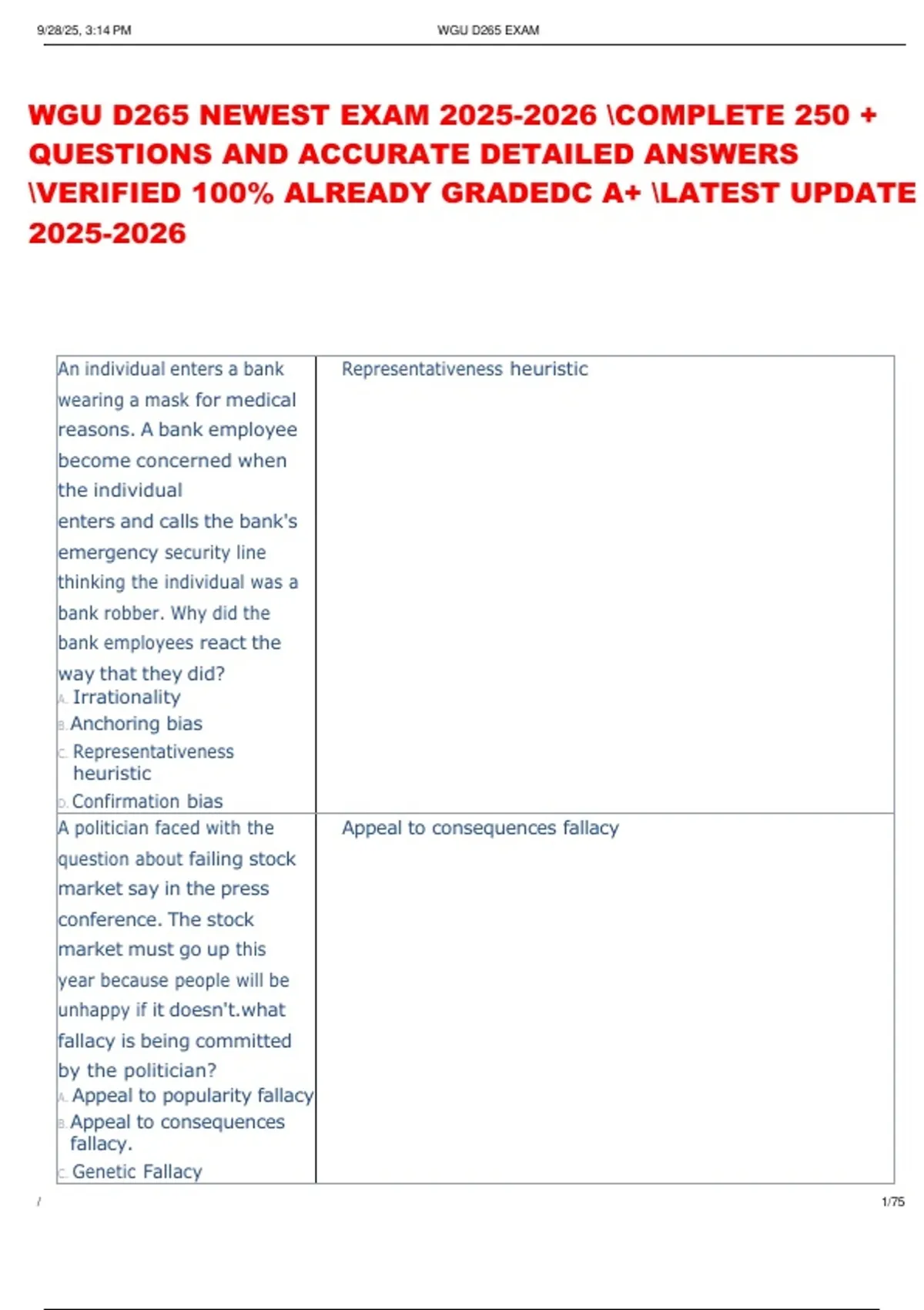 WGU D265 NEWEST EXAM COMPLETE 250 + QUESTIONS AND ACCURATE DETAILED ...