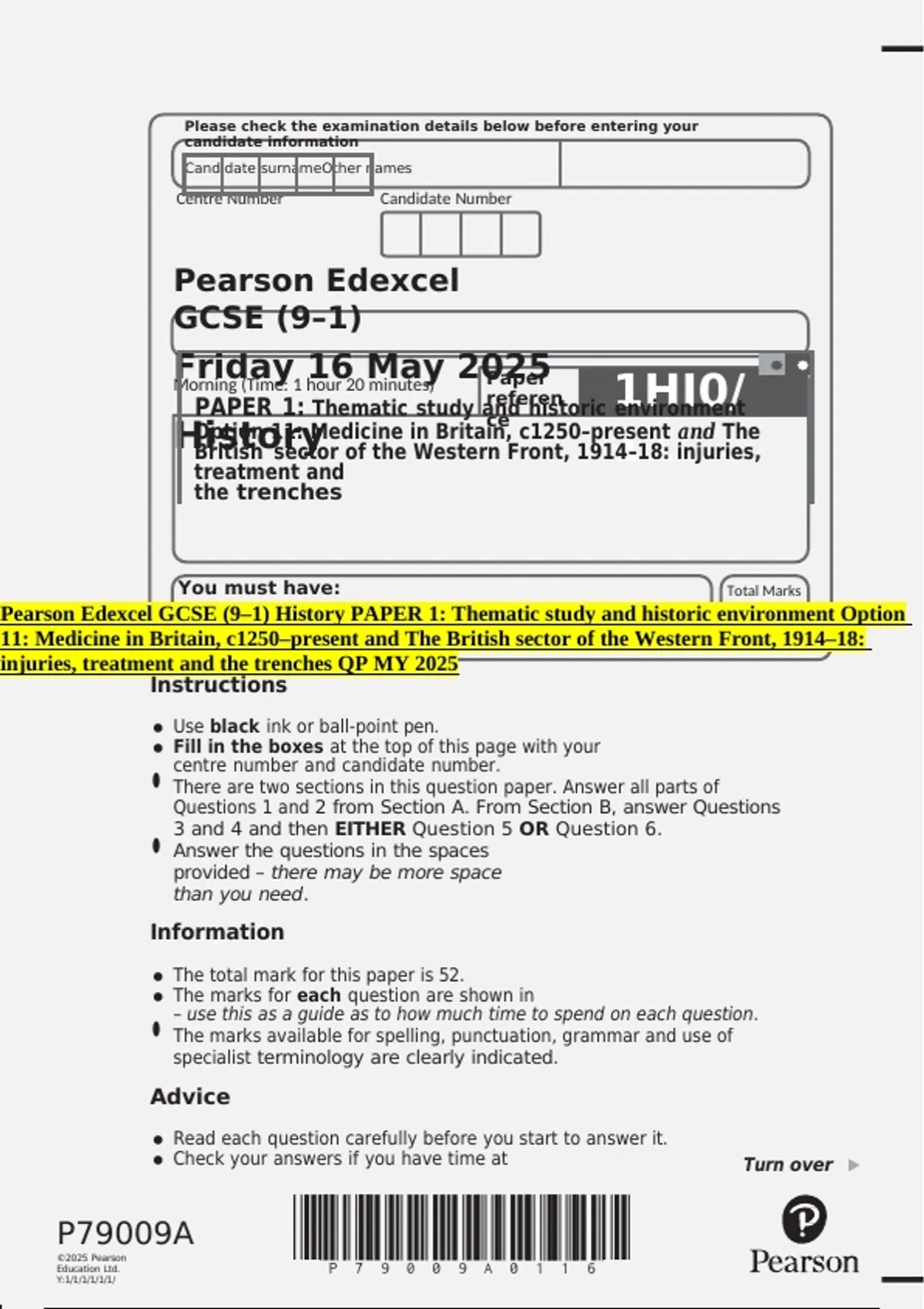 Pearson Edexcel GCSE (9–1) History PAPER 1: Thematic study and historic ...