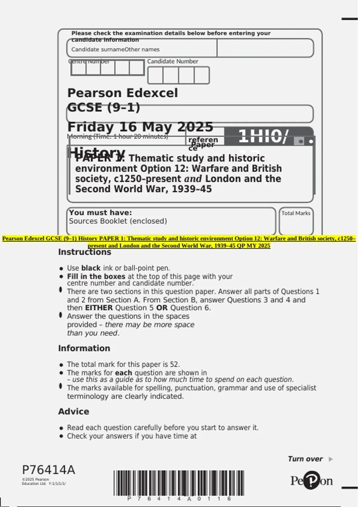 Pearson Edexcel GCSE (9–1) History PAPER 1: Thematic study and historic ...