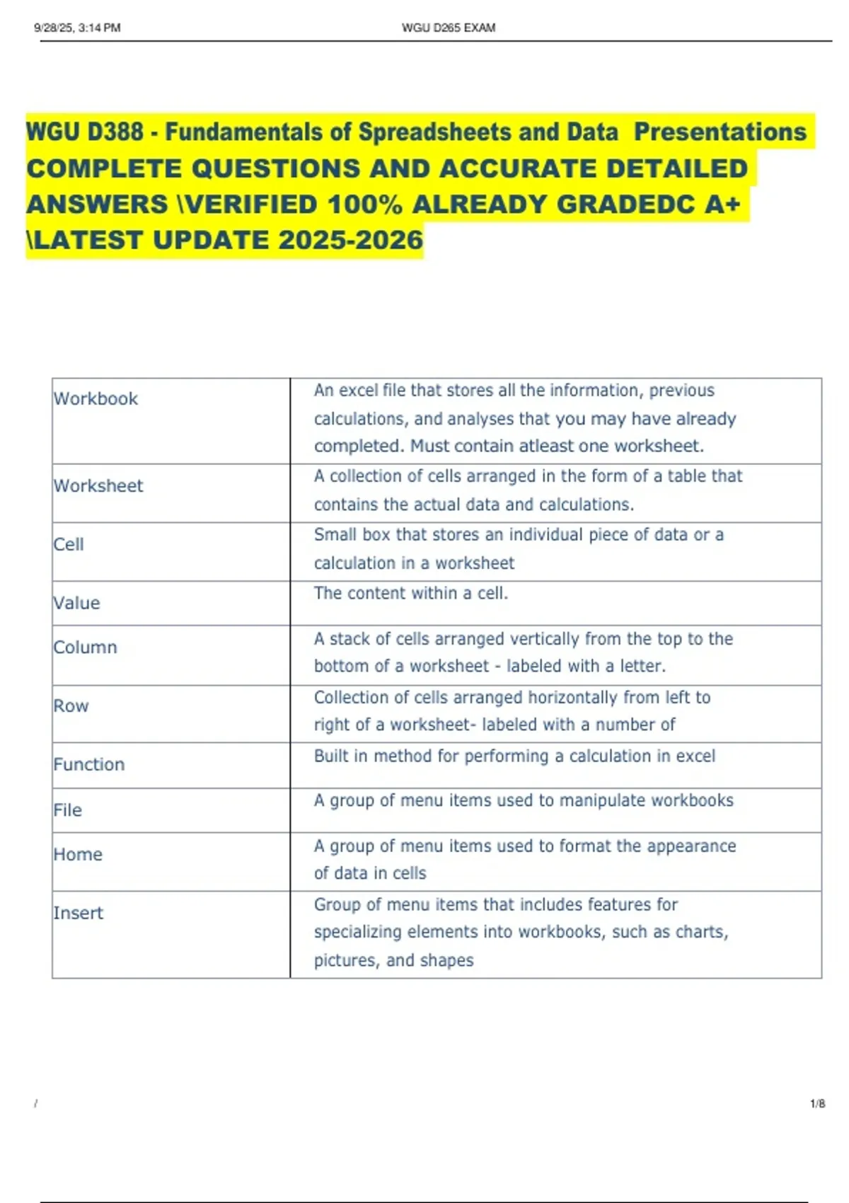 WGU D388 - Fundamentals of Spreadsheets and Data Presentations COMPLETE ...