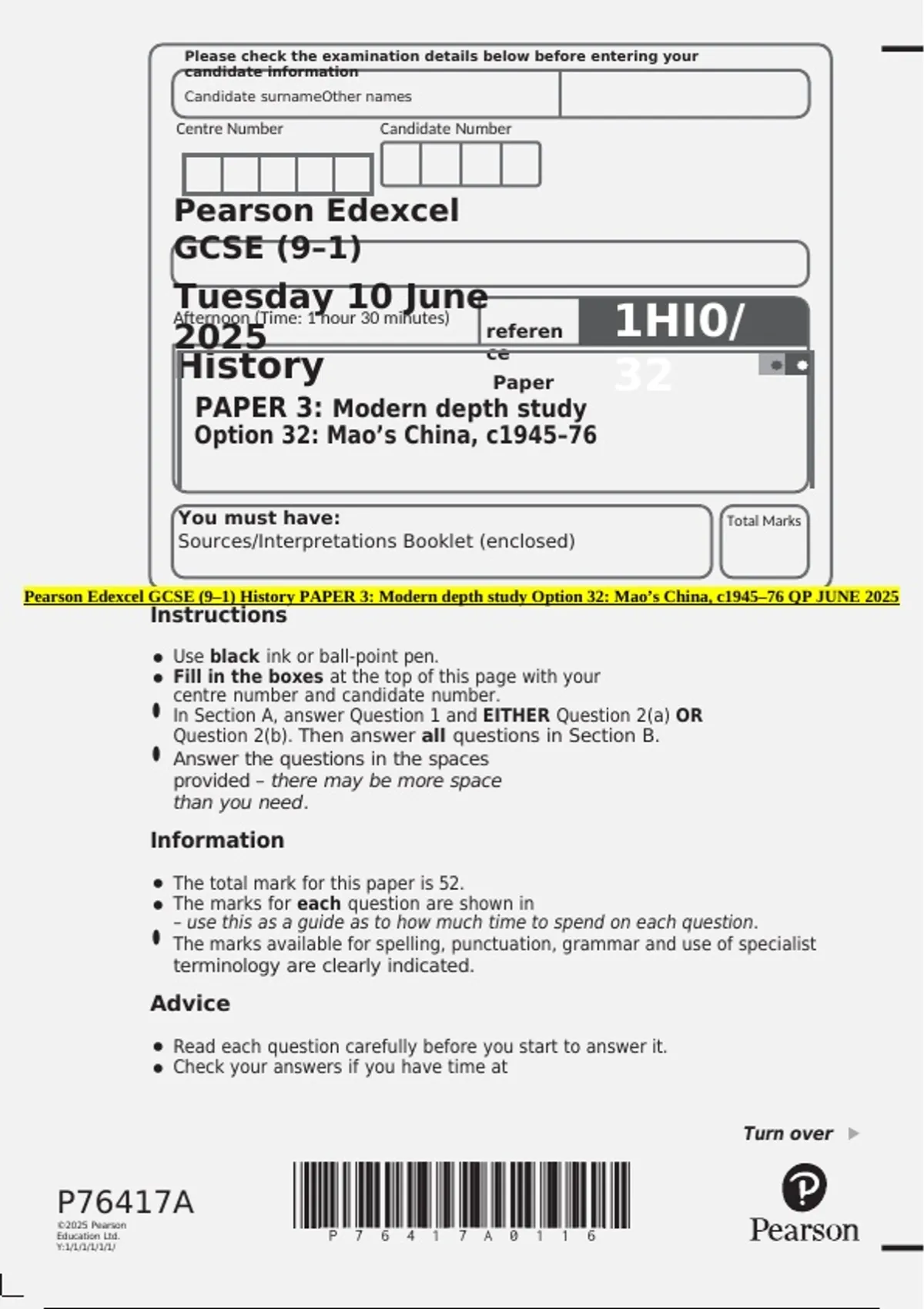 Pearson Edexcel GCSE (9–1) History PAPER 3: Modern depth study Option ...