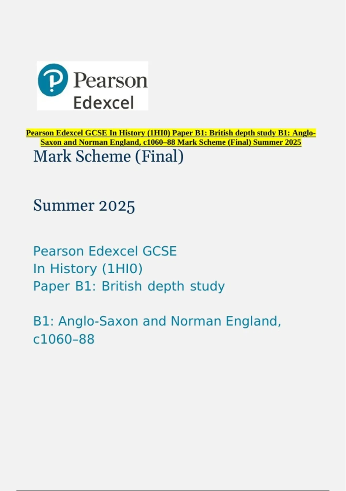 Pearson Edexcel GCSE In History (1HI0) Paper B1: British depth study B1 ...