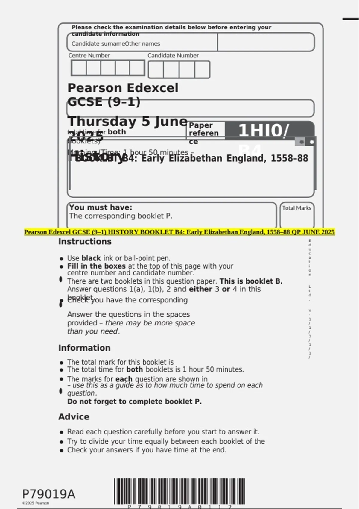 Pearson Edexcel GCSE (9–1) HISTORY BOOKLET B4: Early Elizabethan ...