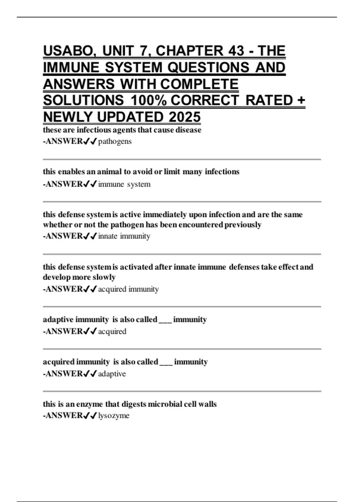 USABO, UNIT 7, CHAPTER 43 - THE IMMUNE SYSTEM QUESTIONS AND ANSWERS ...