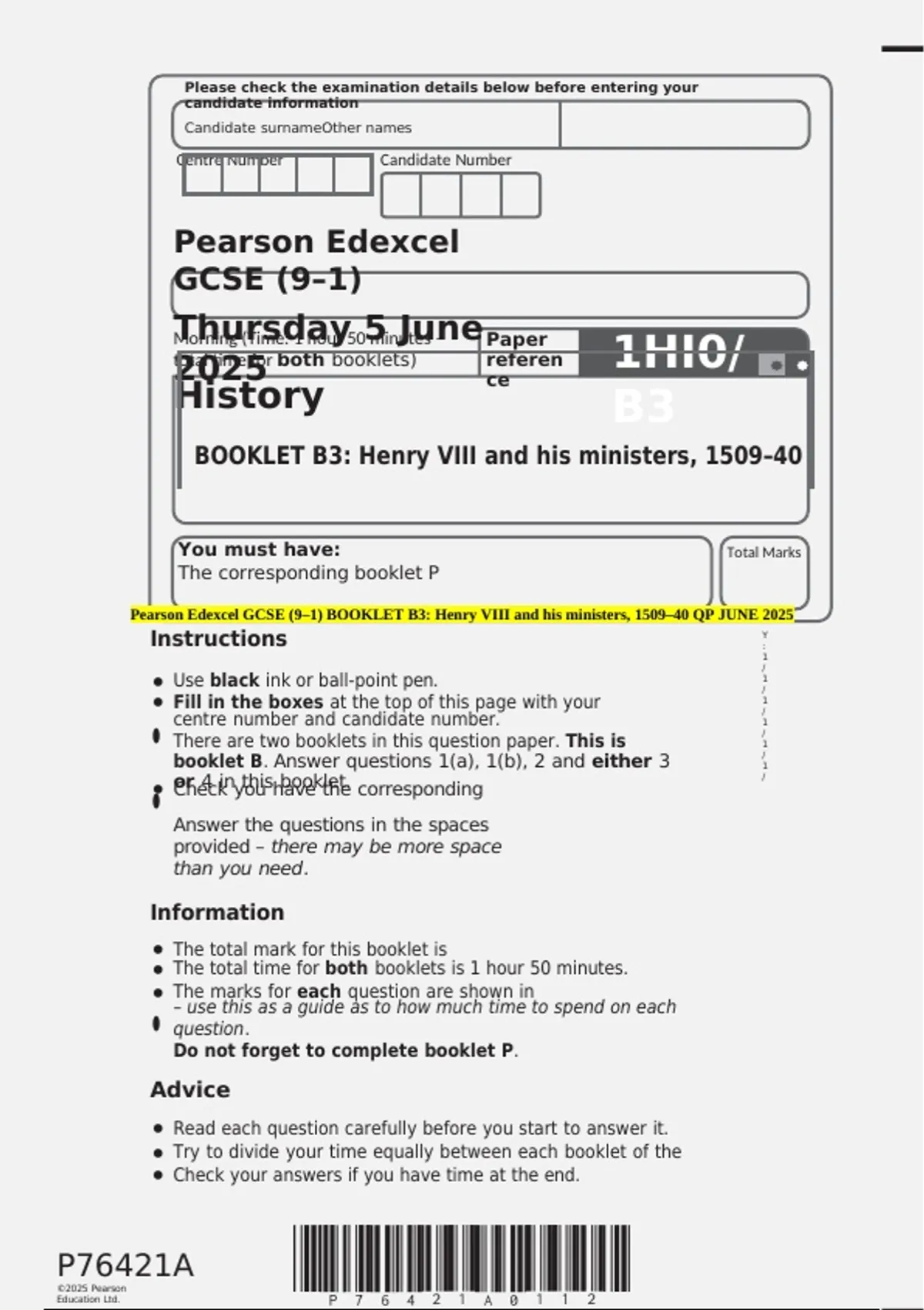 Pearson Edexcel GCSE (9–1) BOOKLET B3: Henry VIII and his ministers ...