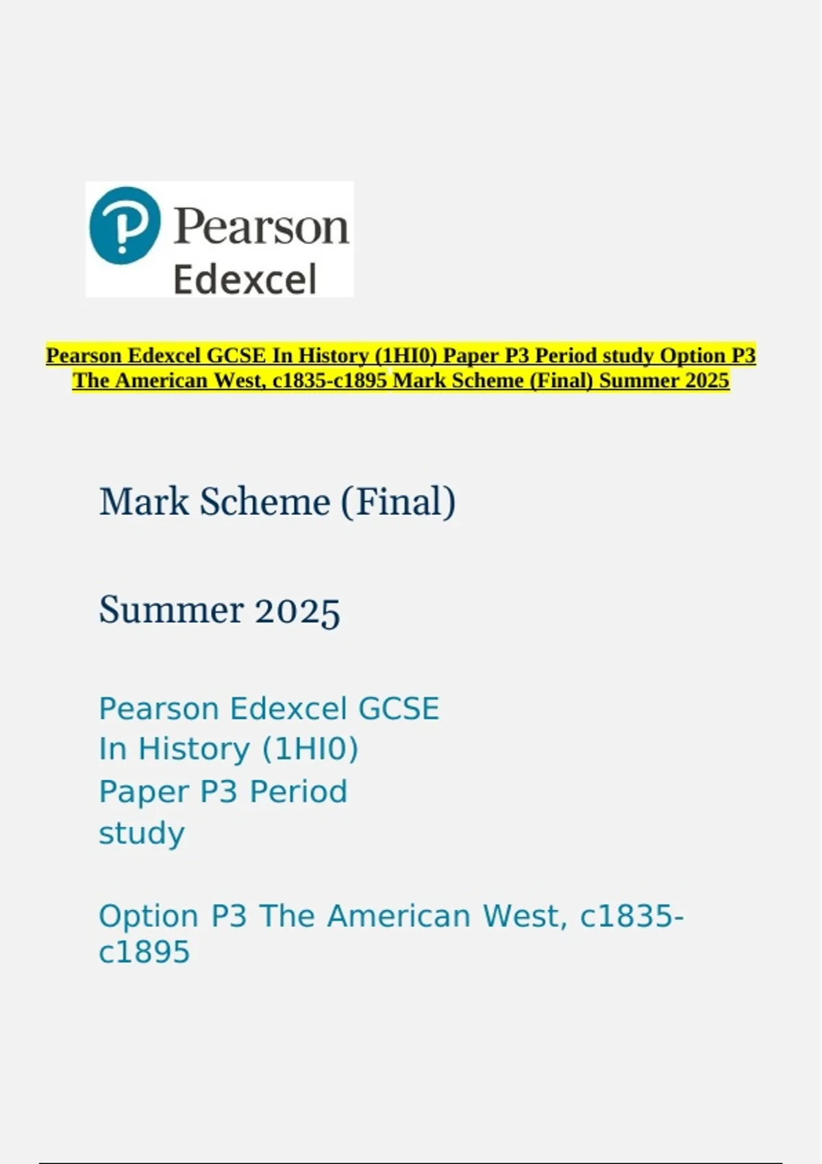 Pearson Edexcel GCSE In History (1HI0) Paper P3 Period study Option P3 ...