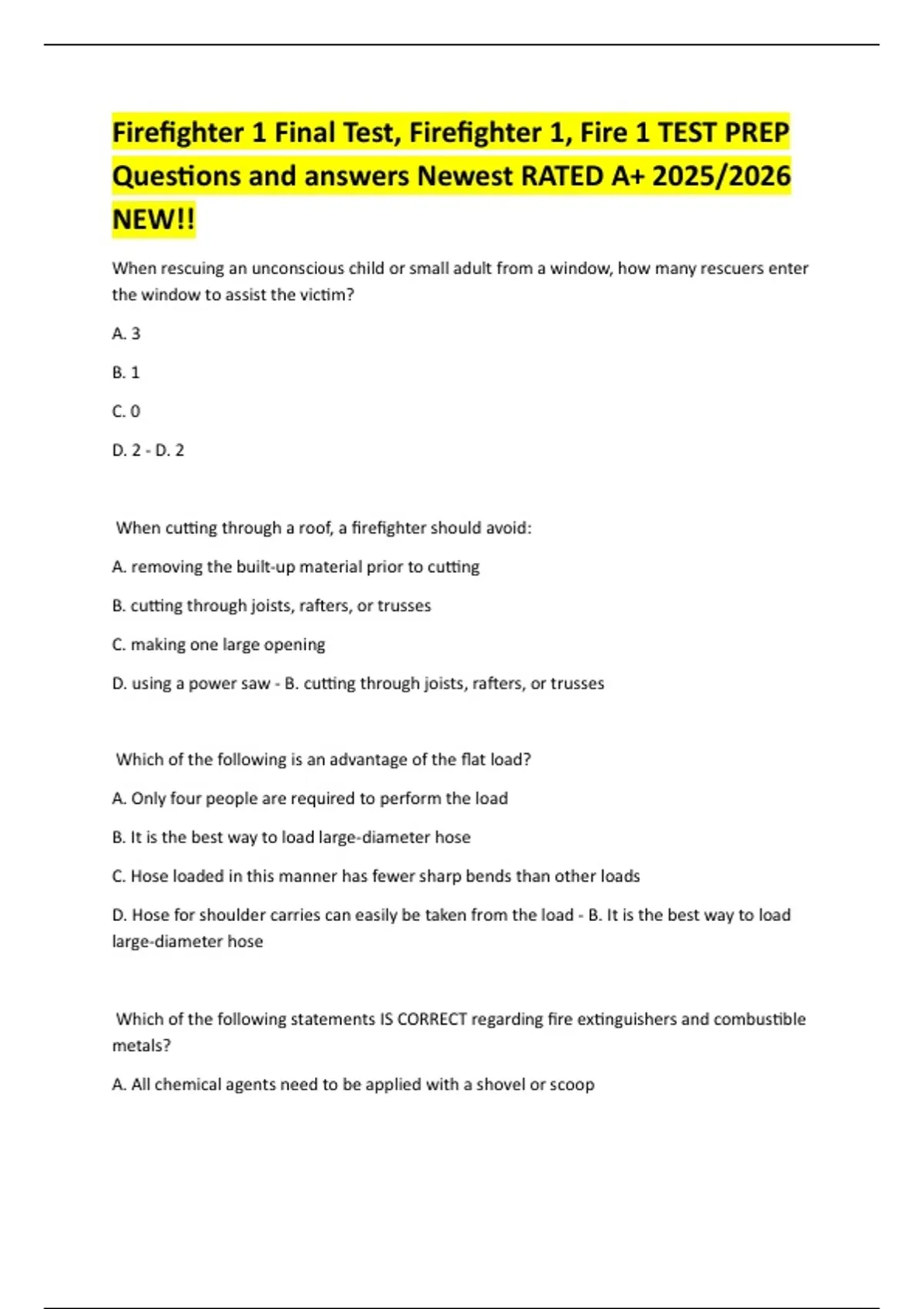 Firefighter 1 Final Test, Firefighter 1, Fire 1 TEST PREP Questions and ...