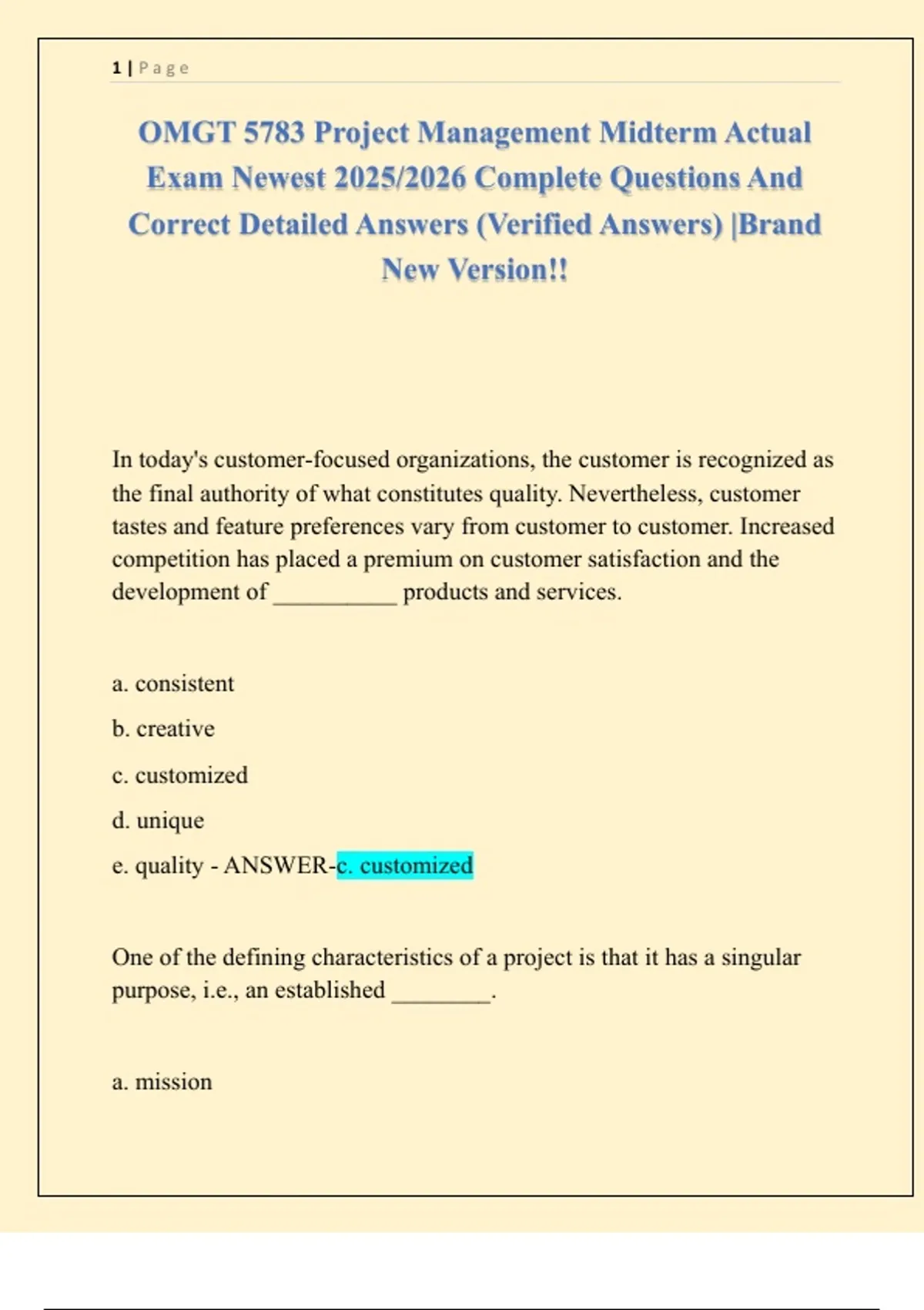 OMGT 5783 Project Management Midterm Actual Exam Newest 2025/2026 ...