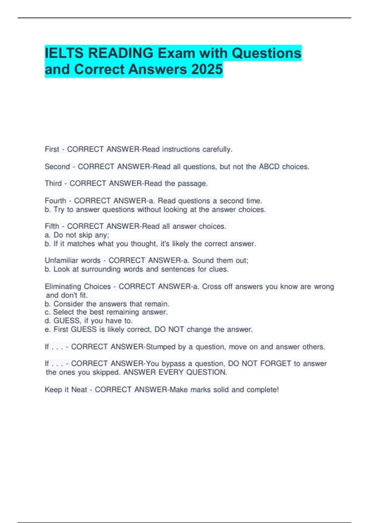 IELTS READING Exam with Questions and Correct Answers 2025. - IELTS ...