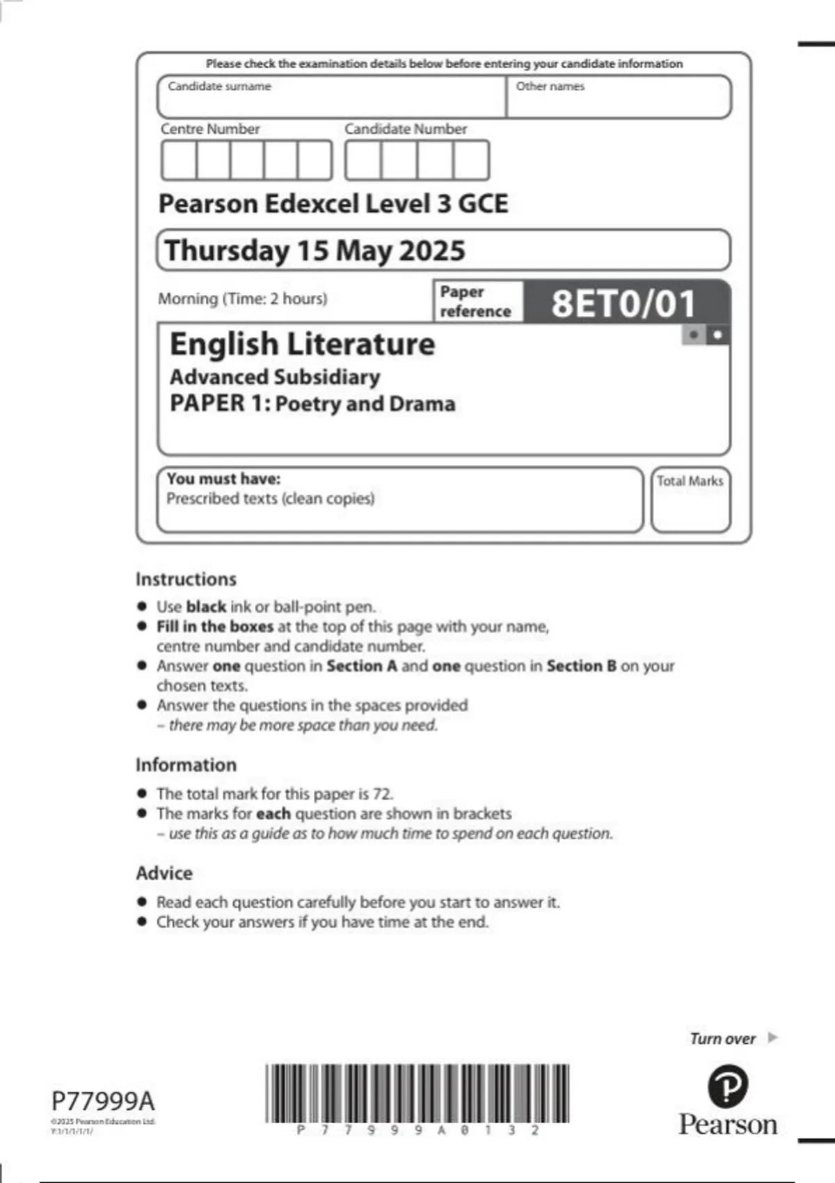 Pearson Edexcel Level 3 GCE English Literature Advanced Subsidiary ...