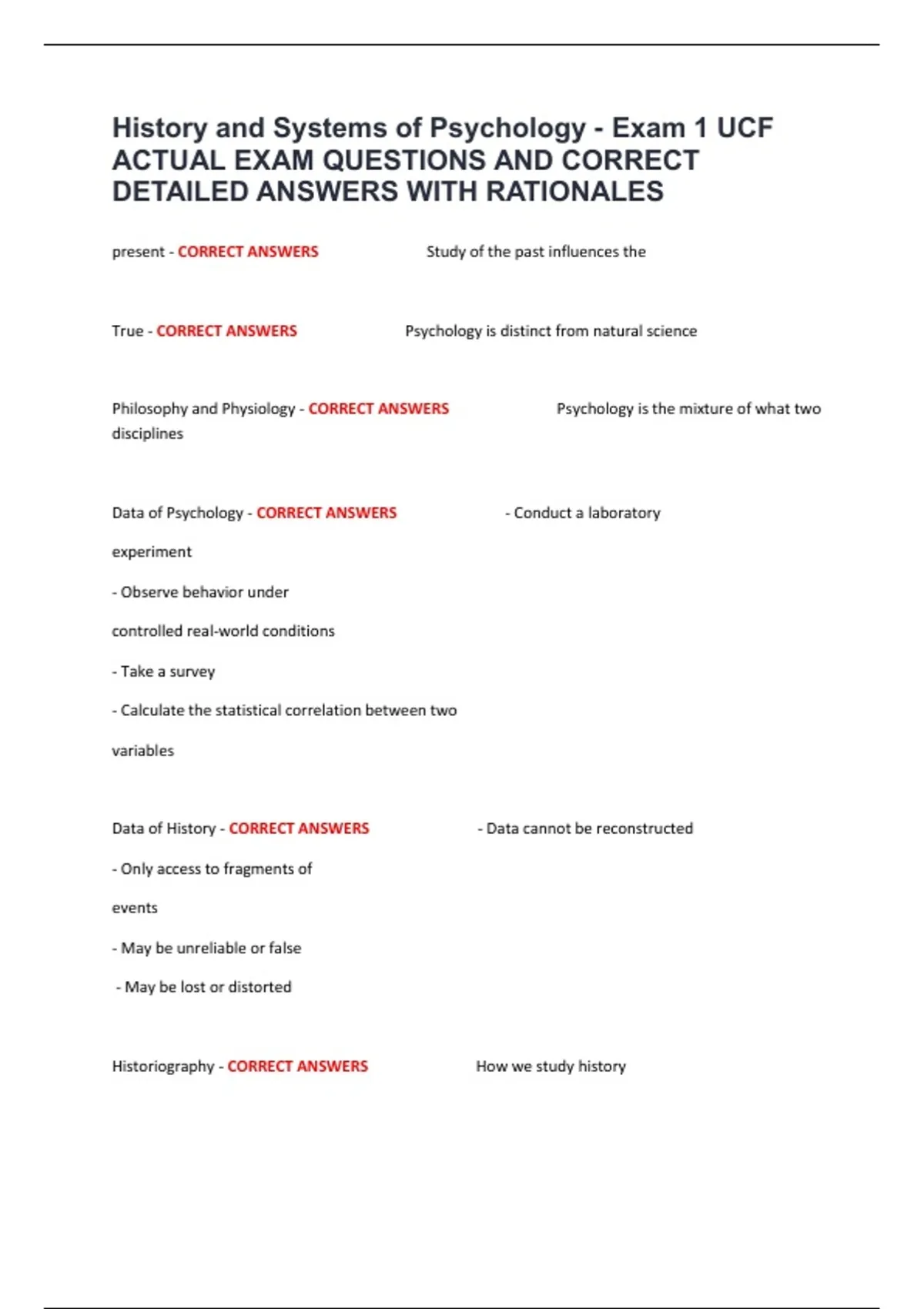 Summary History and Systems of Psychology - Exam 1 UCF ACTUAL EXAM ...