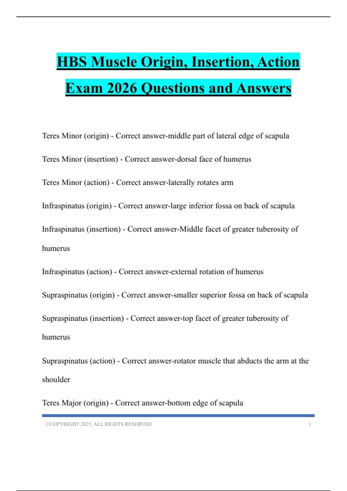 HBS Muscle Origin, Insertion, Action Exam 2026 Questions and Answers ...