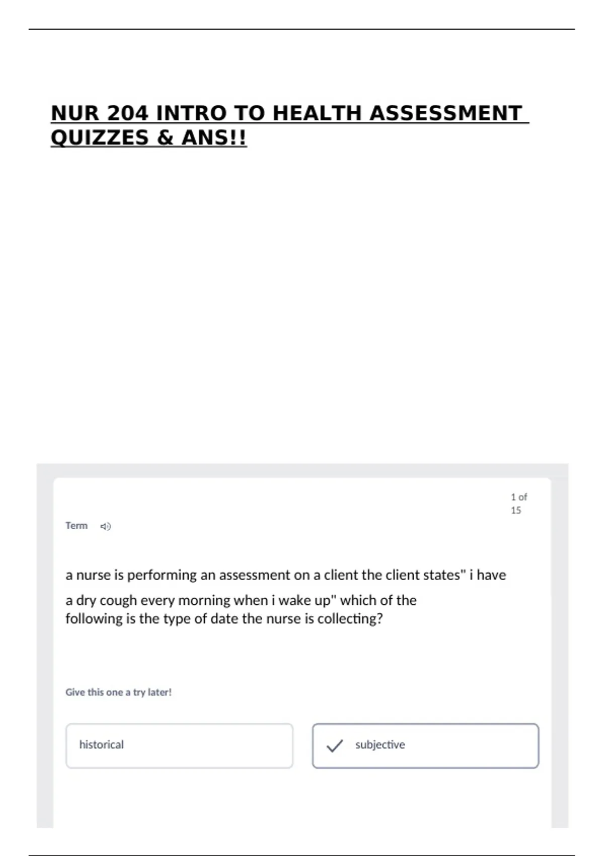 NUR 204 INTRO TO HEALTH ASSESSMENT QUIZZES & ANS!! - NUR 204 - Stuvia US