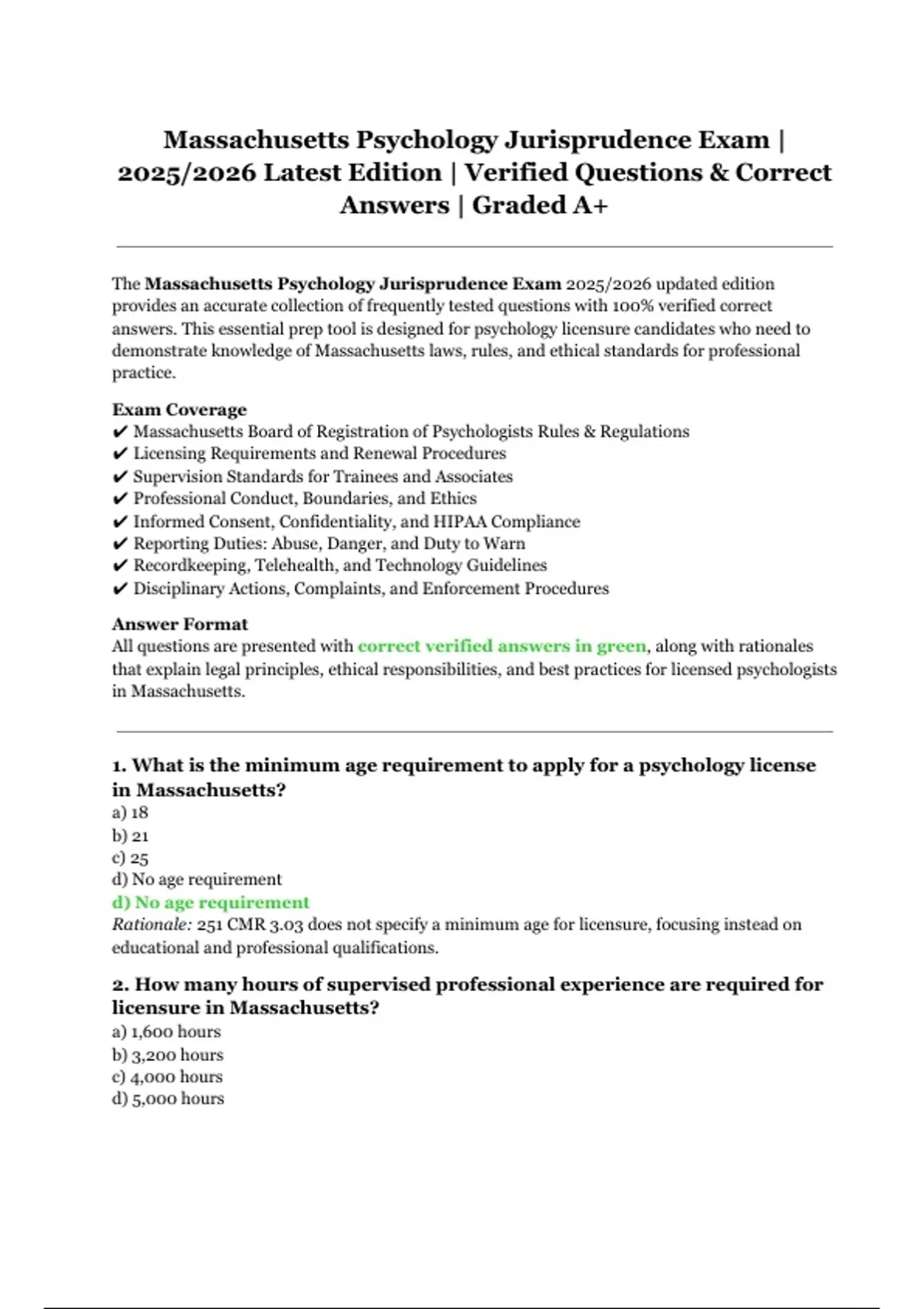 Massachusetts Psychology Jurisprudence Exam 2025/2026 | Verified ...