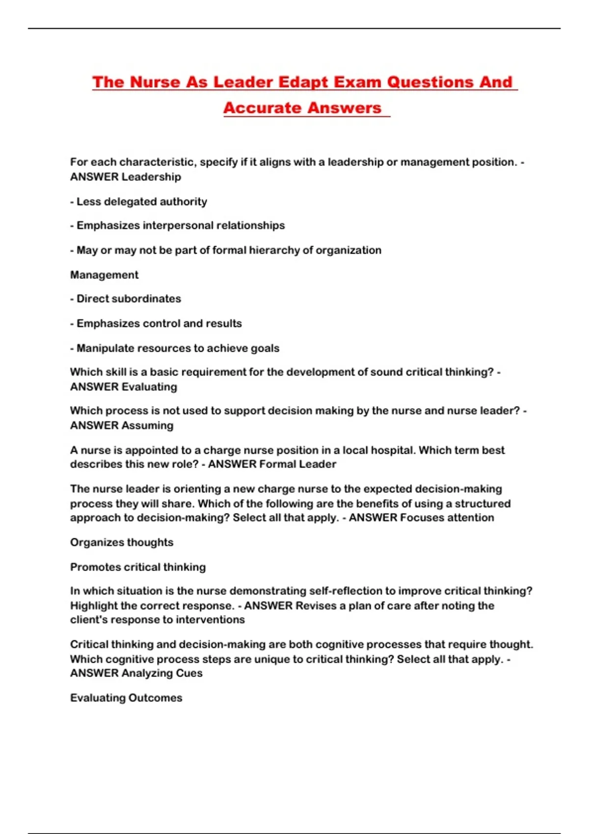The Nurse As Leader Edapt Exam Questions And Accurate Answers - The ...