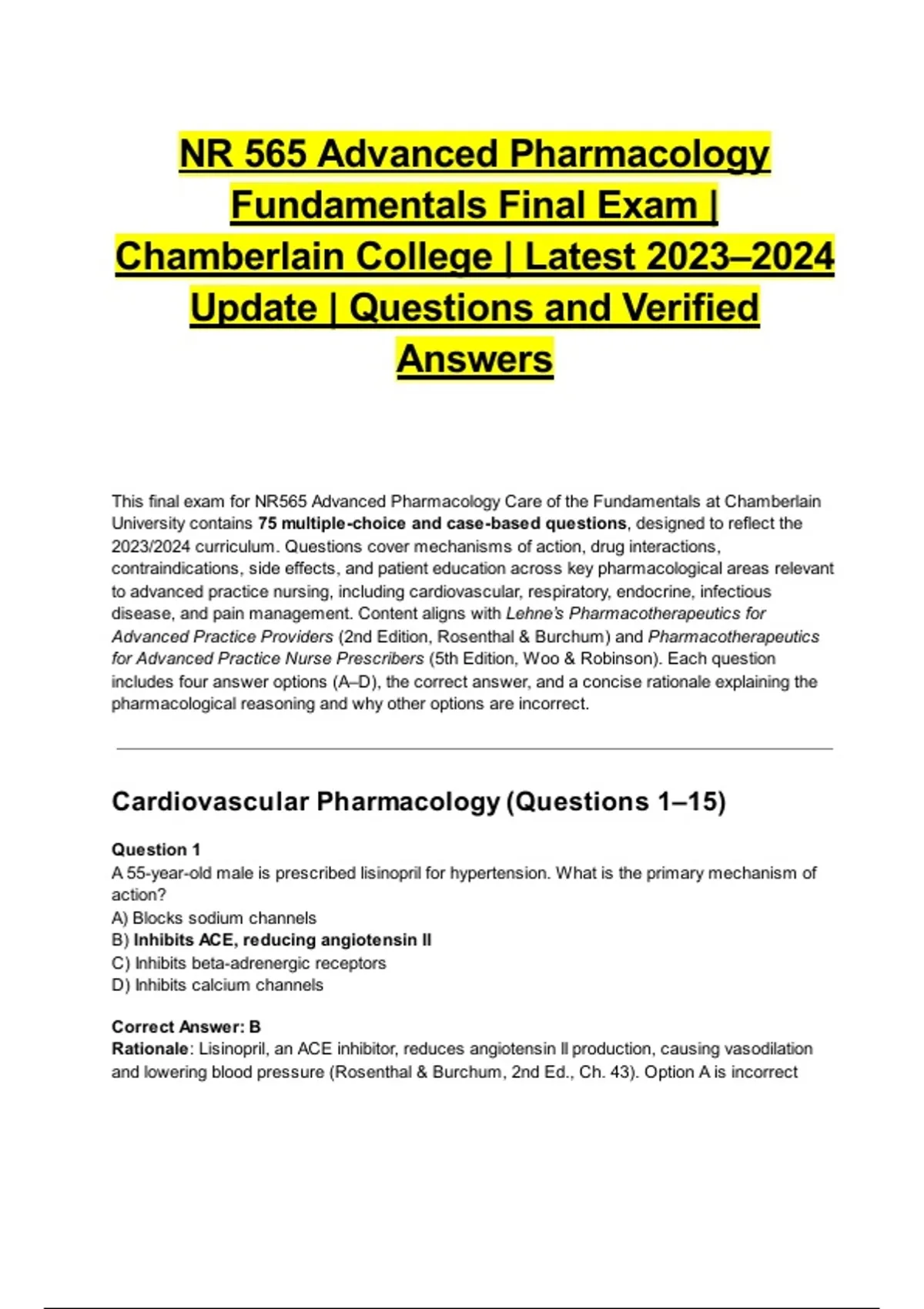 NR 565 Advanced Pharmacology Fundamentals Final Exam | Chamberlain ...
