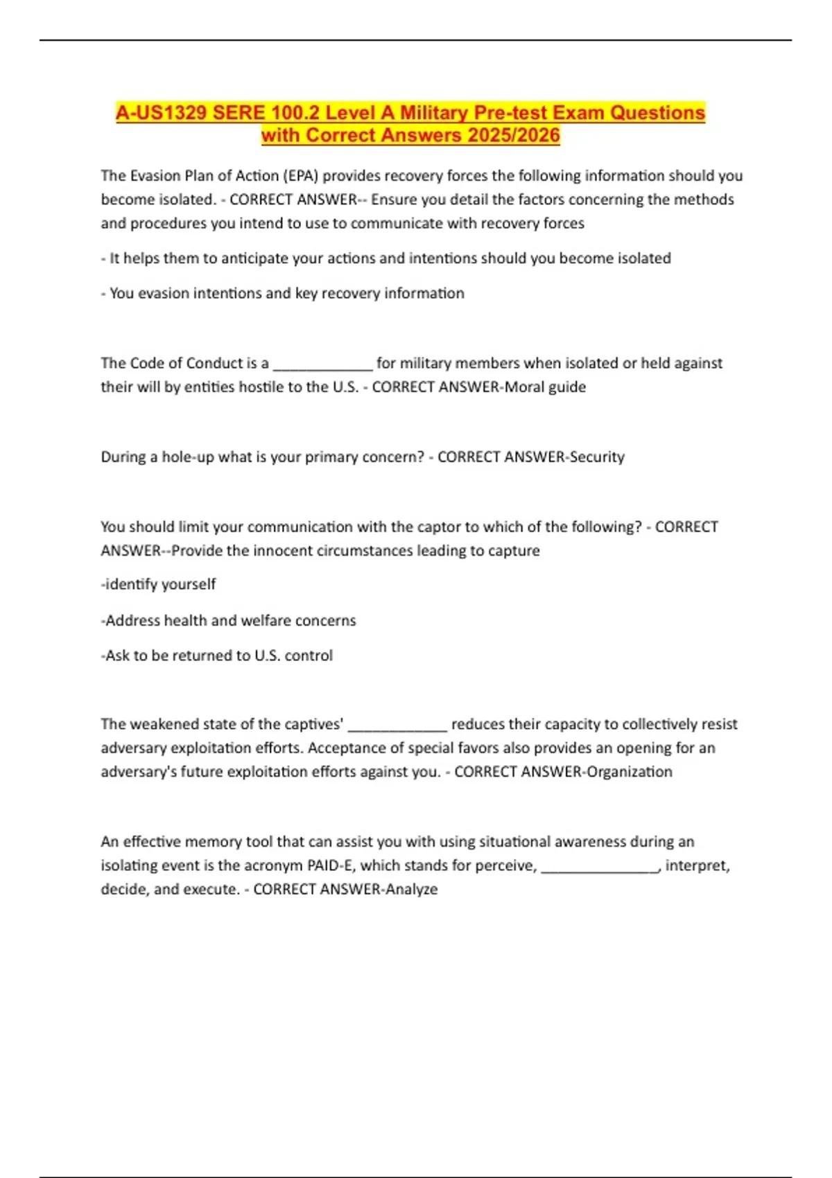 A-US1329 SERE 100.2 Level A Military Pre-test Exam Questions with ...
