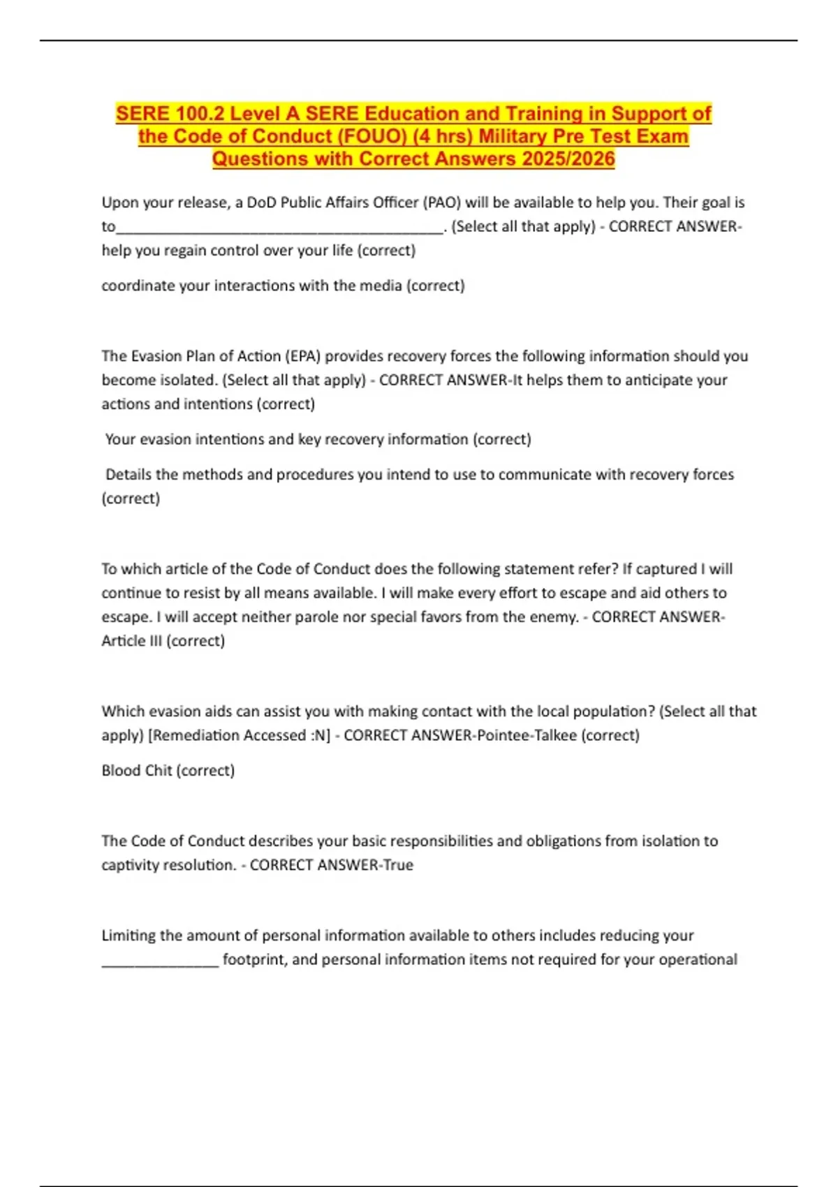 SERE 100.2 Level A SERE Education and Training in Support of the Code ...