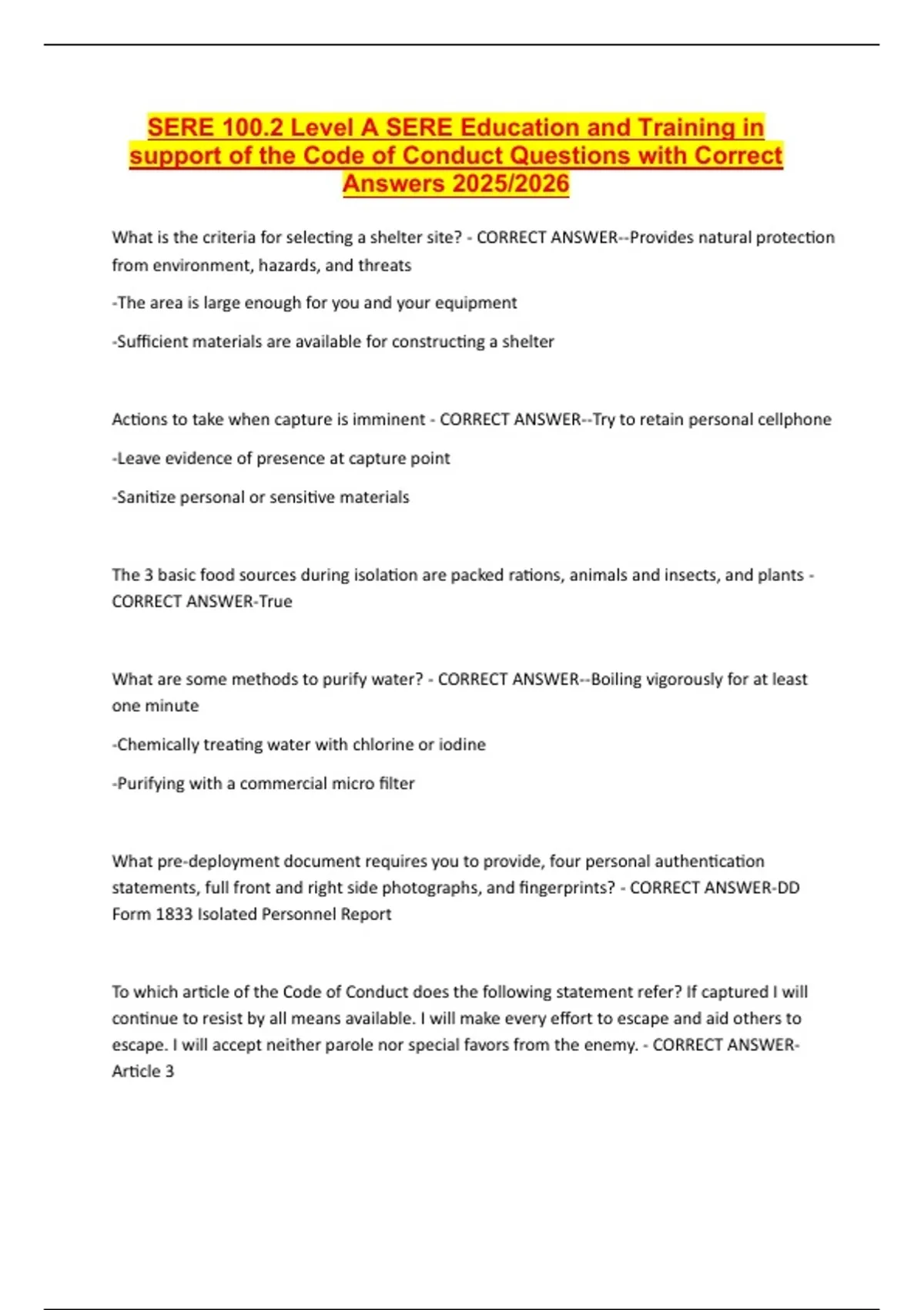 SERE 100.2 Level A SERE Education and Training in support of the Code ...