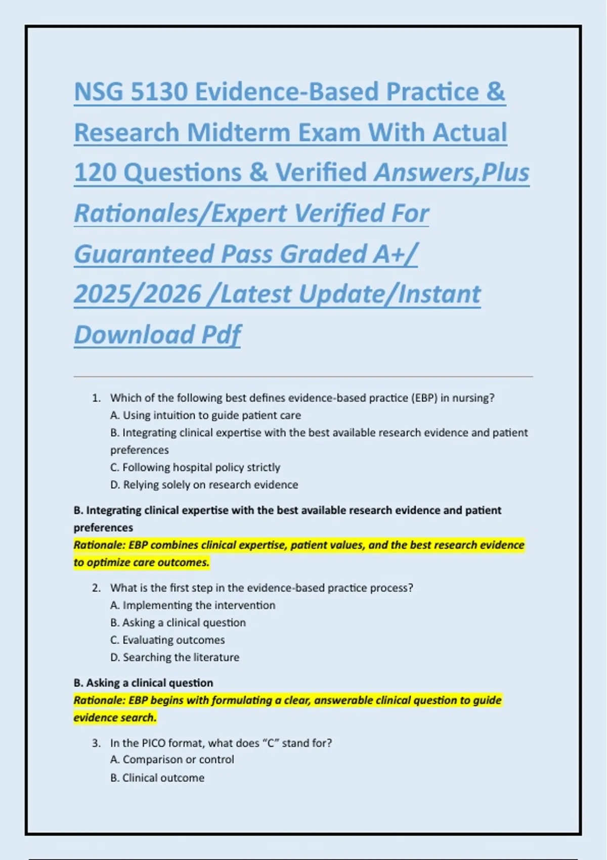 Bundle for NSG 5130 Evidence-Based Practice & Research Midterm And Final Exam With Actual 120 ...