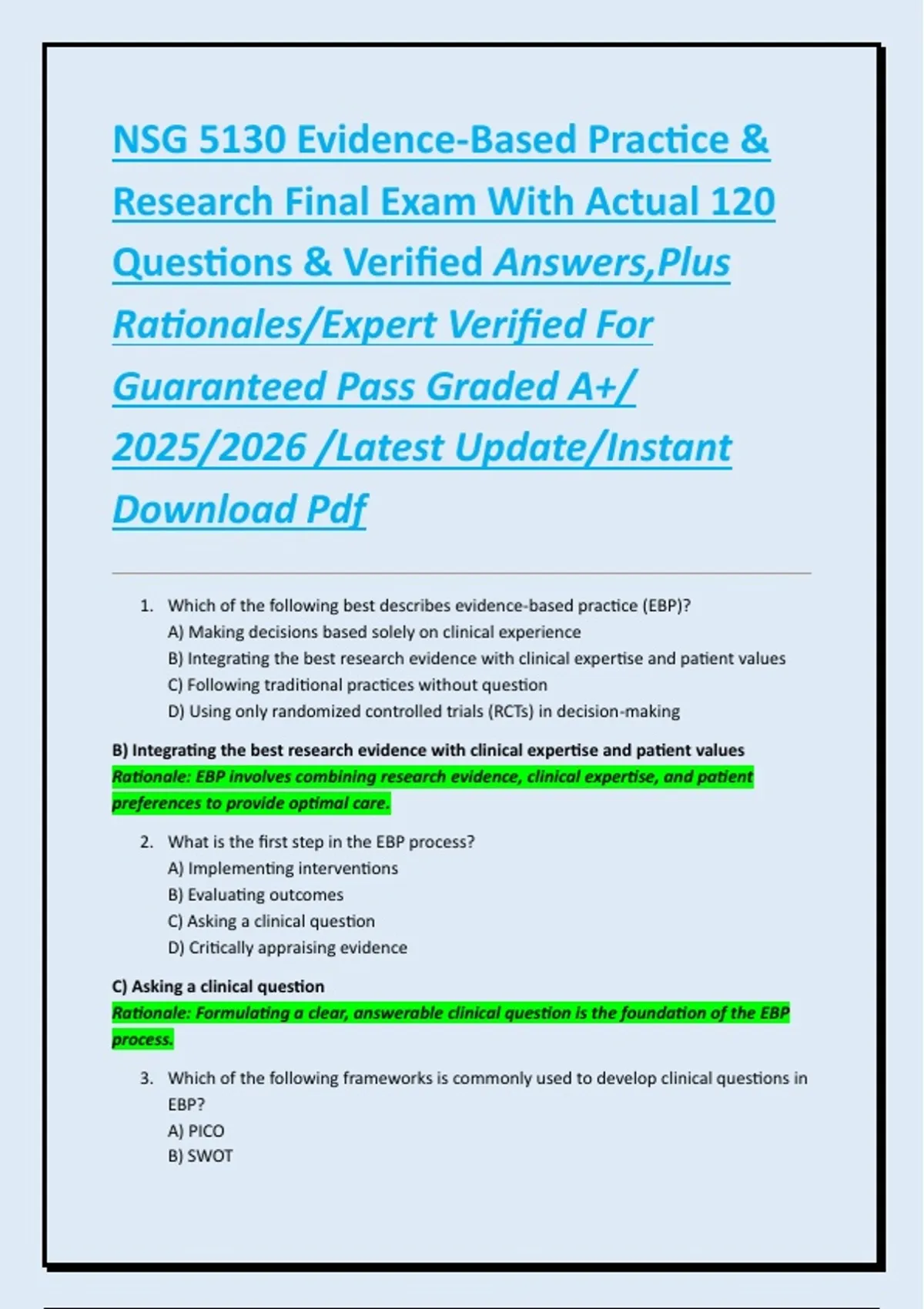 NSG 5130 Evidence-Based Practice & Research Final Exam With Actual 120 ...