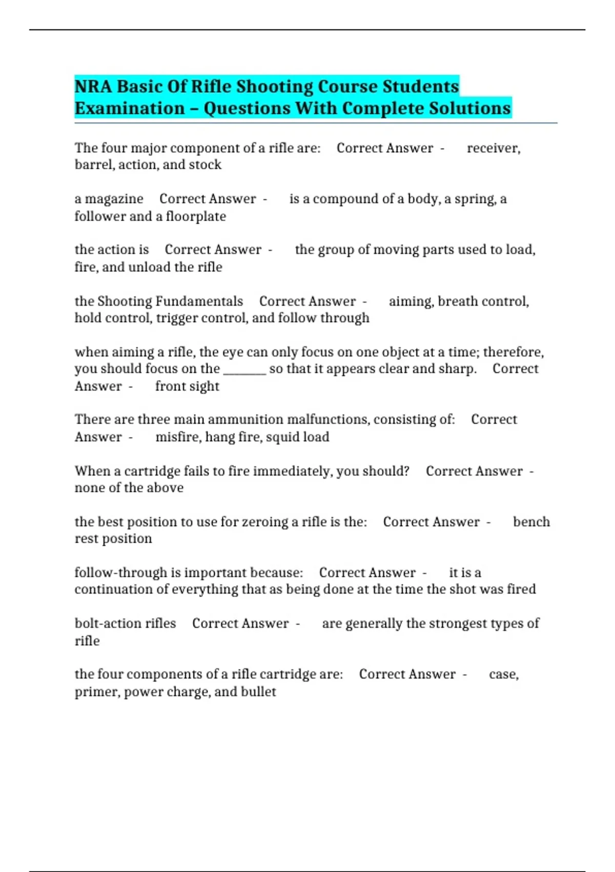 NRA Basic Of Rifle Shooting Course Students Examination – Questions ...