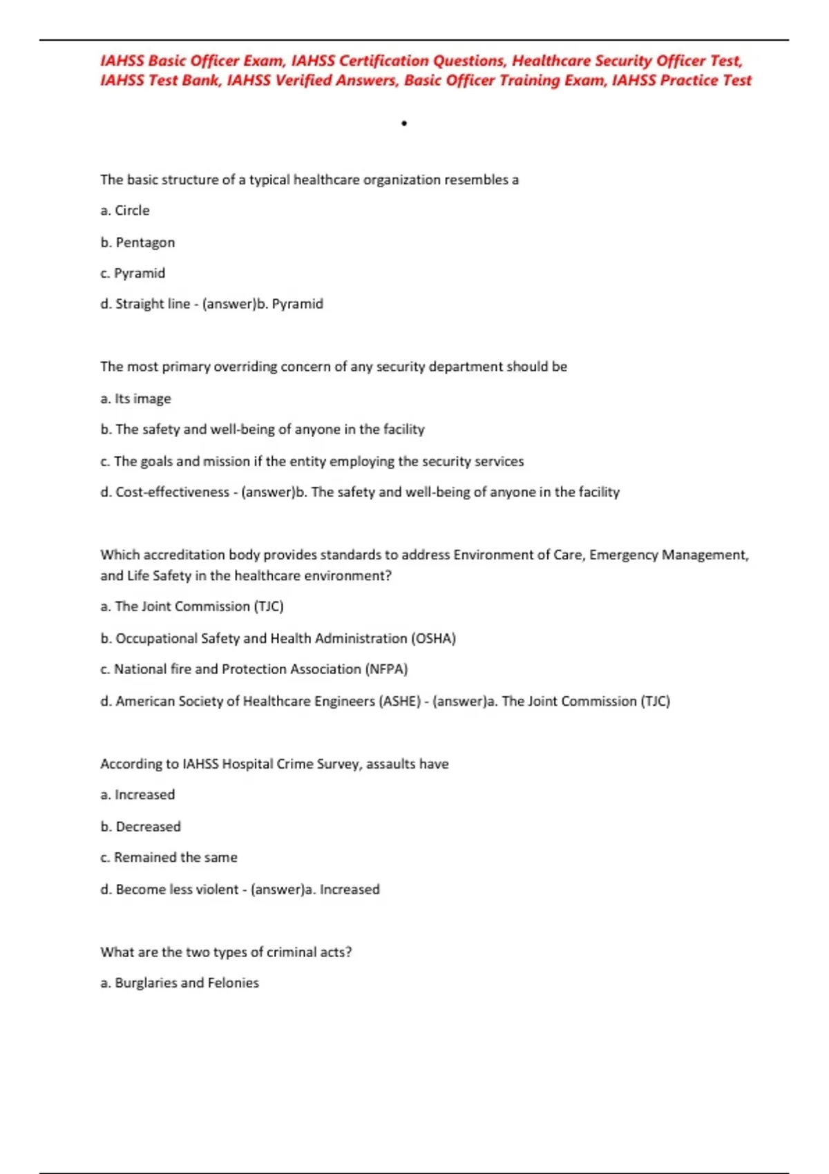 IAHSS Basic Officer Exam, IAHSS Certification Questions, Healthcare ...