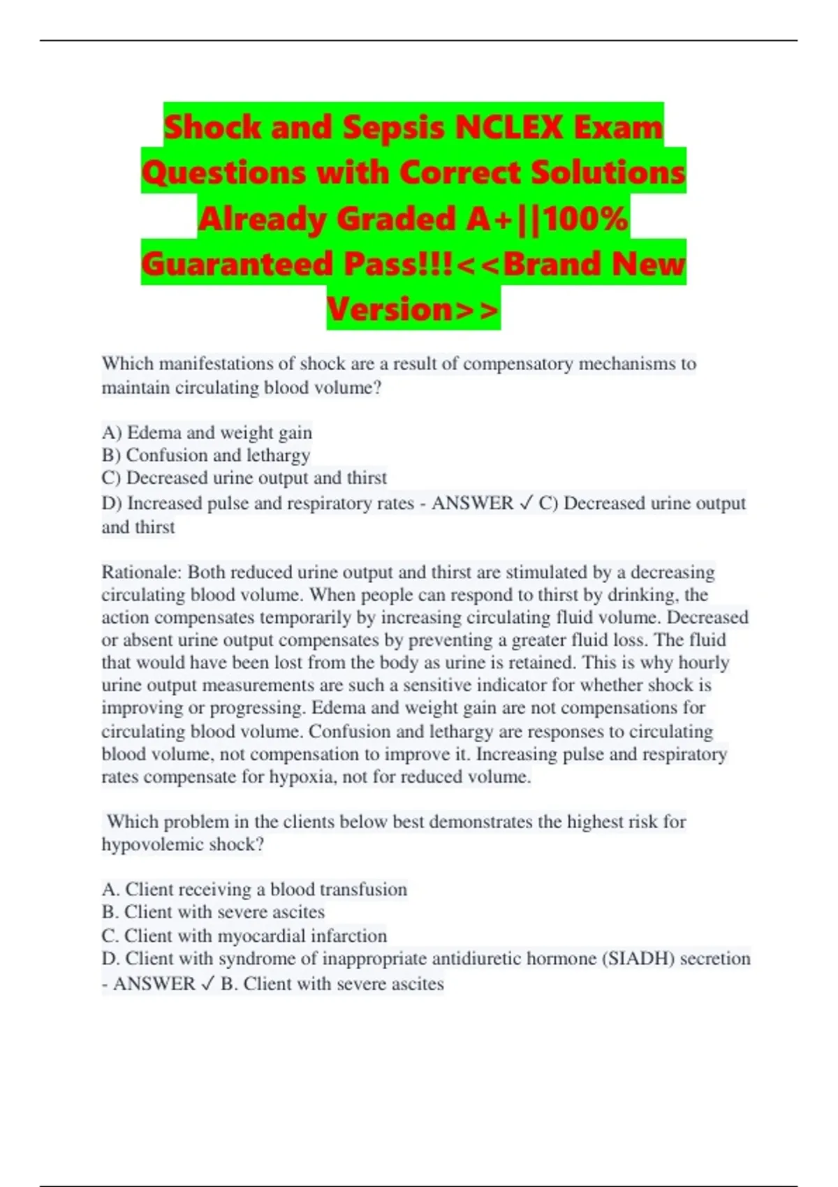 Shock and Sepsis NCLEX Exam Questions with Correct Solutions Already ...