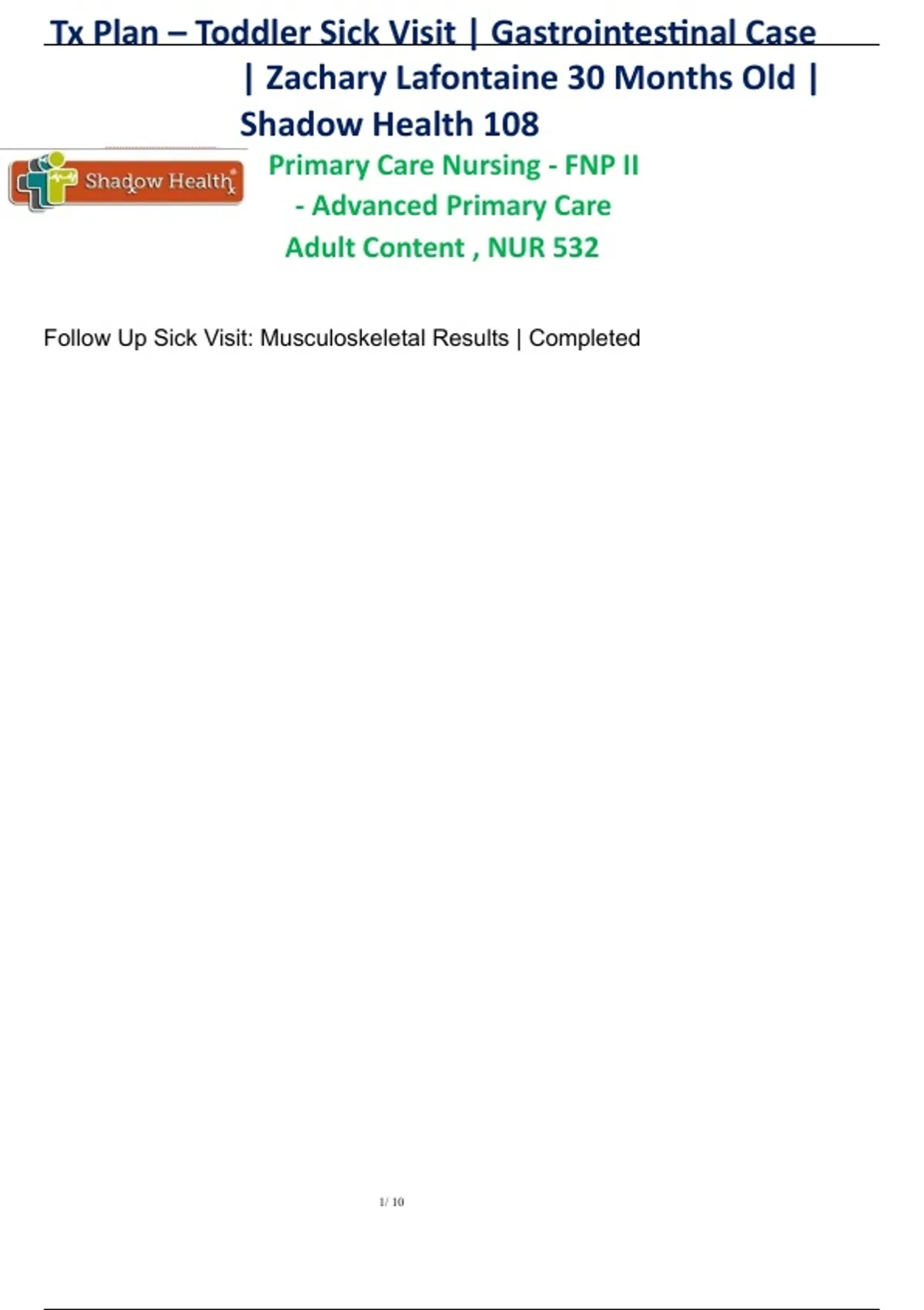 Tx Plan – Toddler Sick Visit | Gastrointestinal Case | Zachary ...