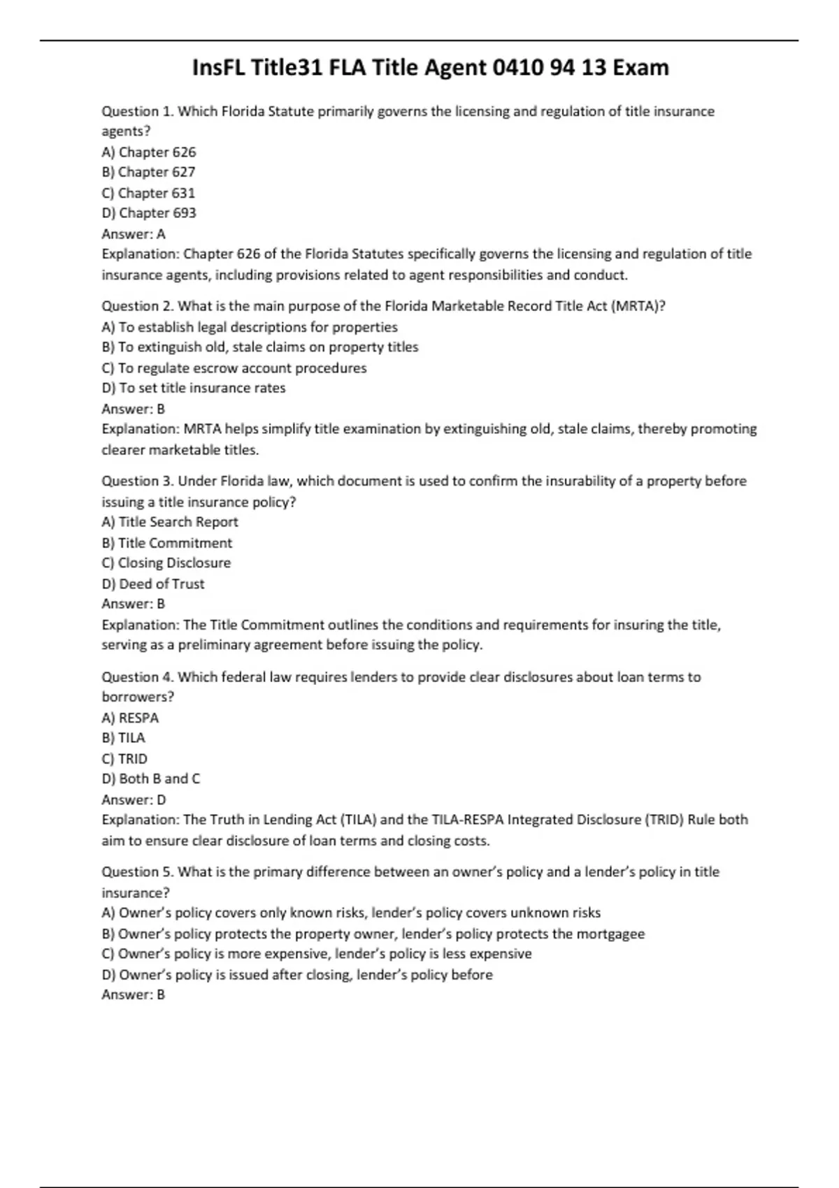 InsFL Title31 FLA Title Agent Exam - Computer - Stuvia US