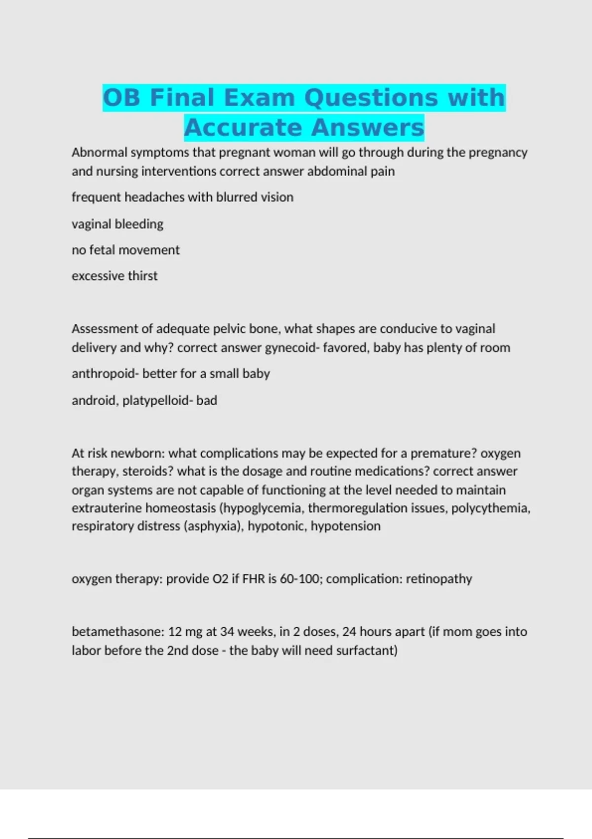 OB Final Exam Questions with Accurate Answers - Ob - Stuvia US