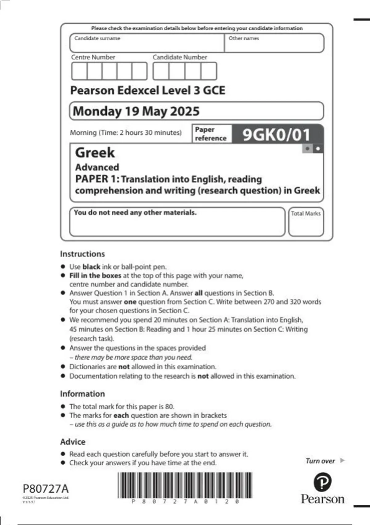 Pearson Edexcel Level 3 GCE Greek Advanced PAPER 1: Translation into ...