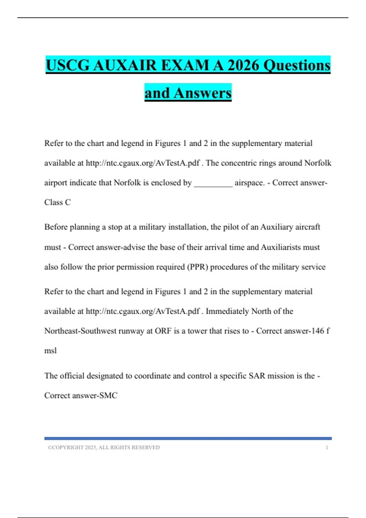 USCG AUXAIR EXAM A 2026 Questions and Answers - USCG HS SWE - Stuvia US