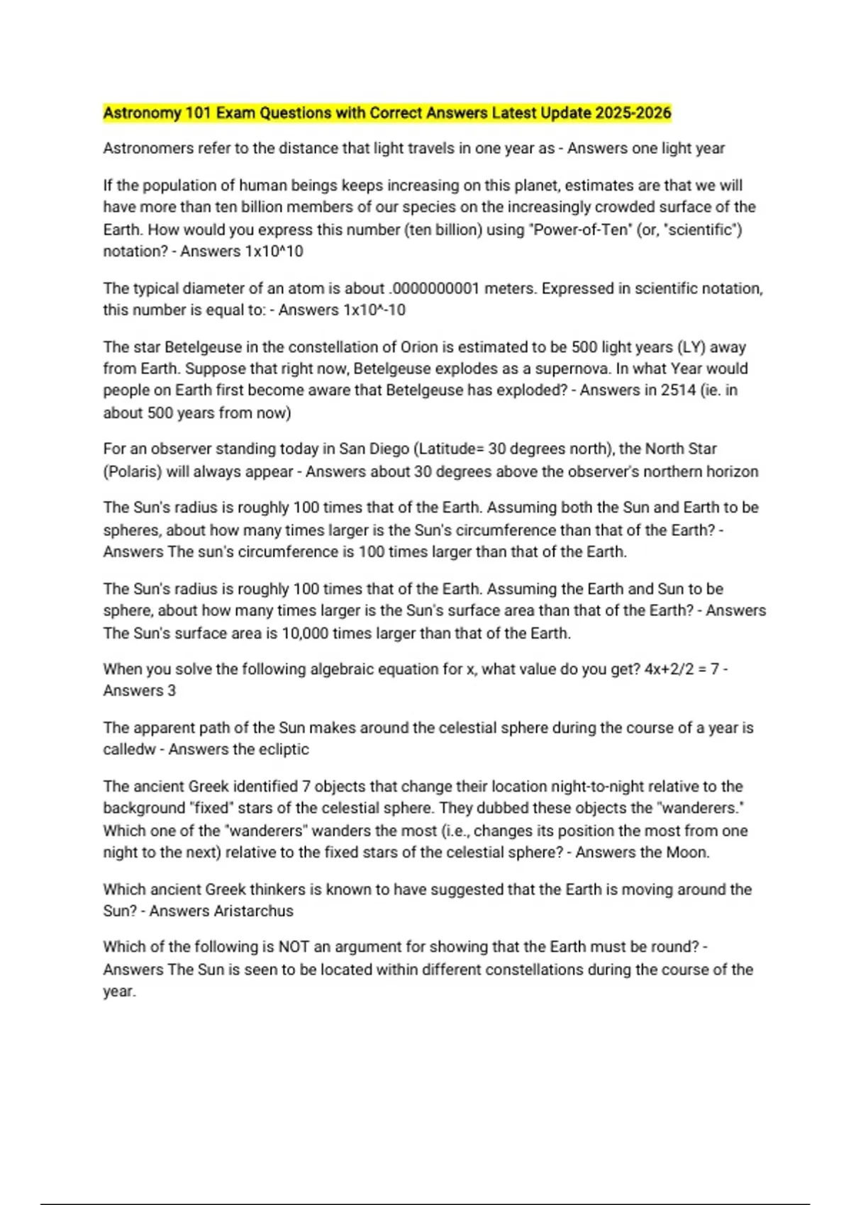 Astronomy 101 Exam Questions with Correct Answers Latest Update ...