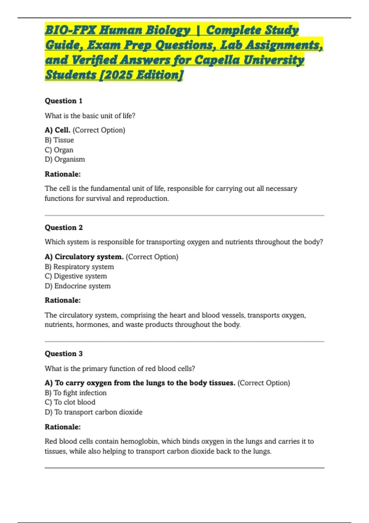 BIO-FPX Human Biology | Complete Study Guide, Exam Prep Questions, Lab Assignments, and Verified ...